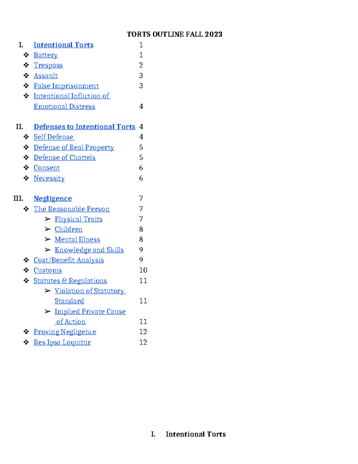 Torts outline - Intentional Infliction of - TORTS OUTLINE FALL - I ...