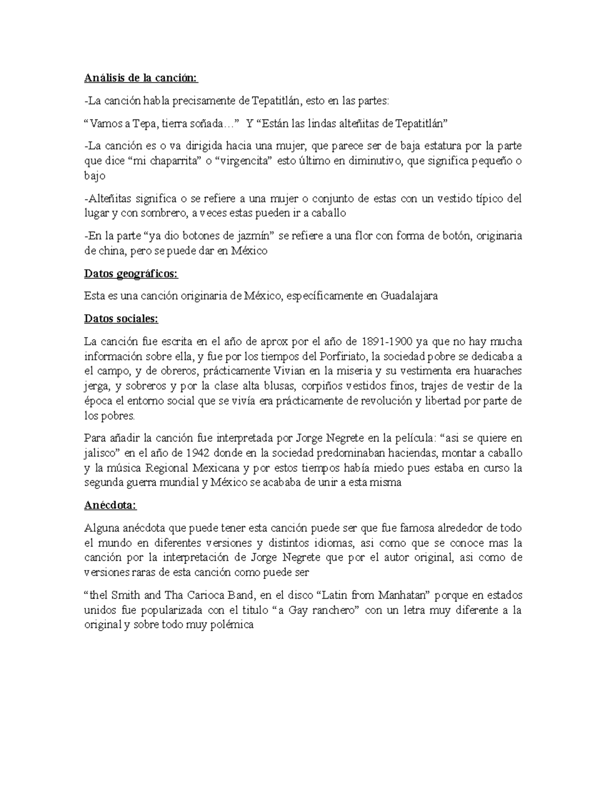 Análisis (Canción alteñitas) - Análisis de la canción: -La canción ...