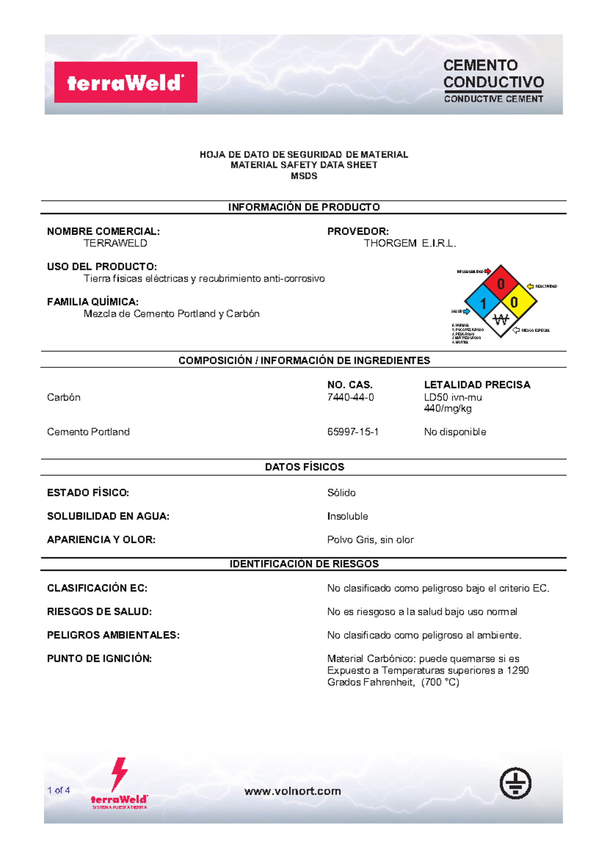Cemento Conductivo Terraweld Ficha - 1 of 4 HOJA DE DATO DE SEGURIDAD ...