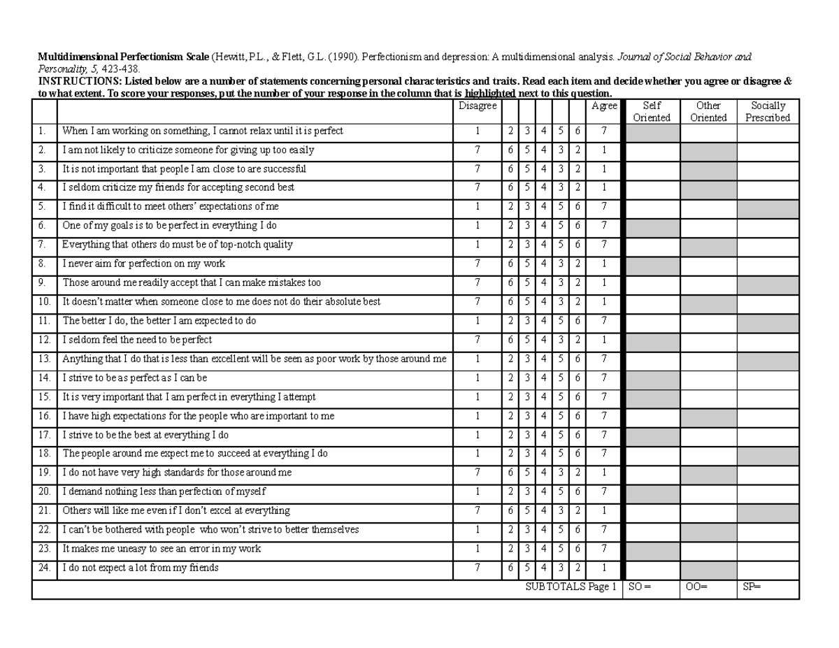 Hewitt Flett Perfectionism Scale MPS - Multidimensional Perfectionism ...