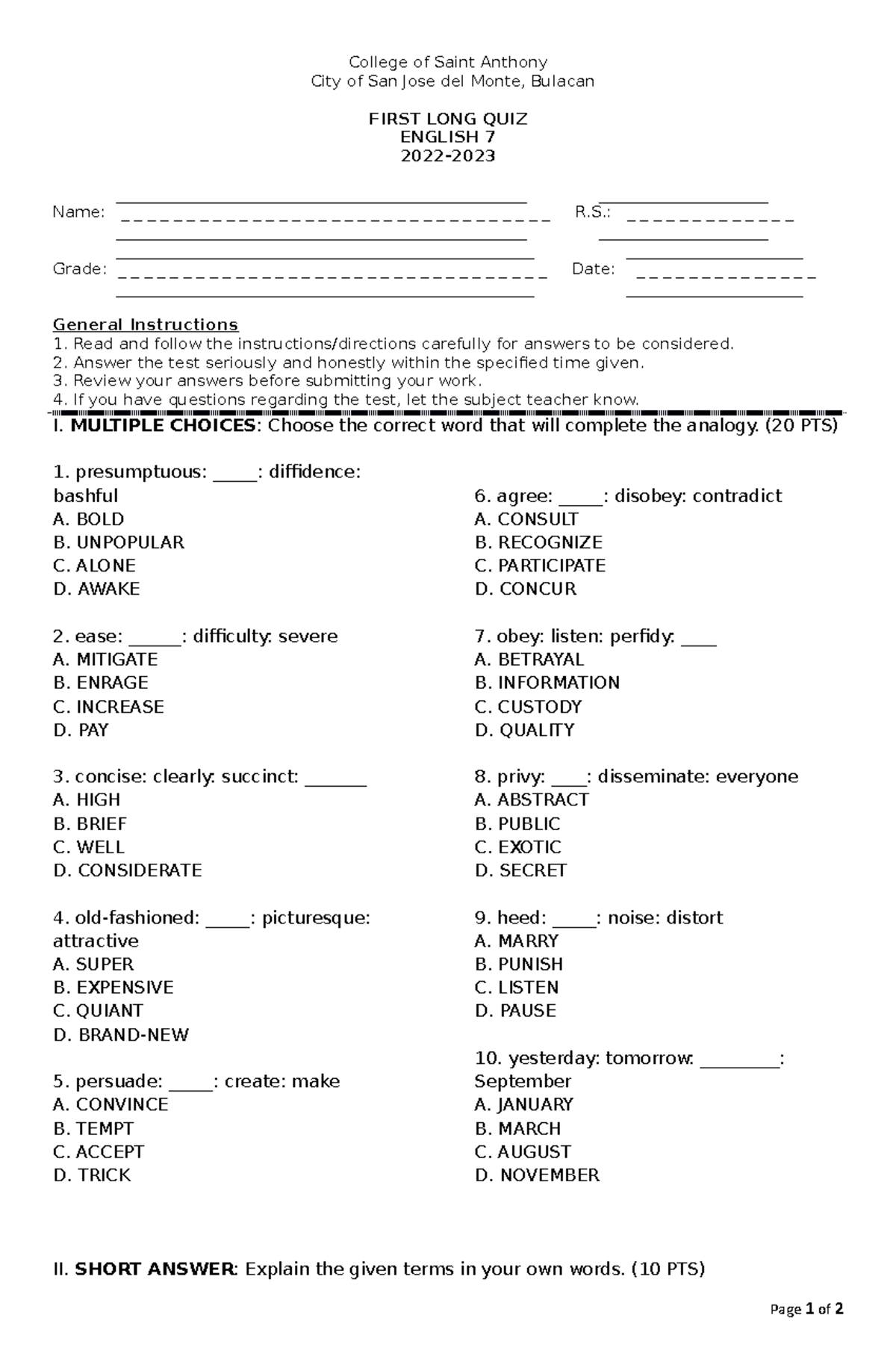 LQ-EN7-1ST - Grade 7 English Exam. Pre-Colonial Philippine Literature ...