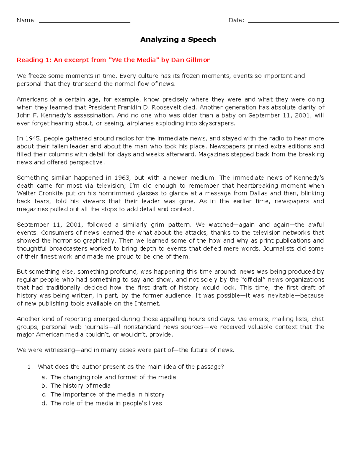 Analyzing a Speech - work - Name: Date: Analyzing a Speech Reading 1 ...