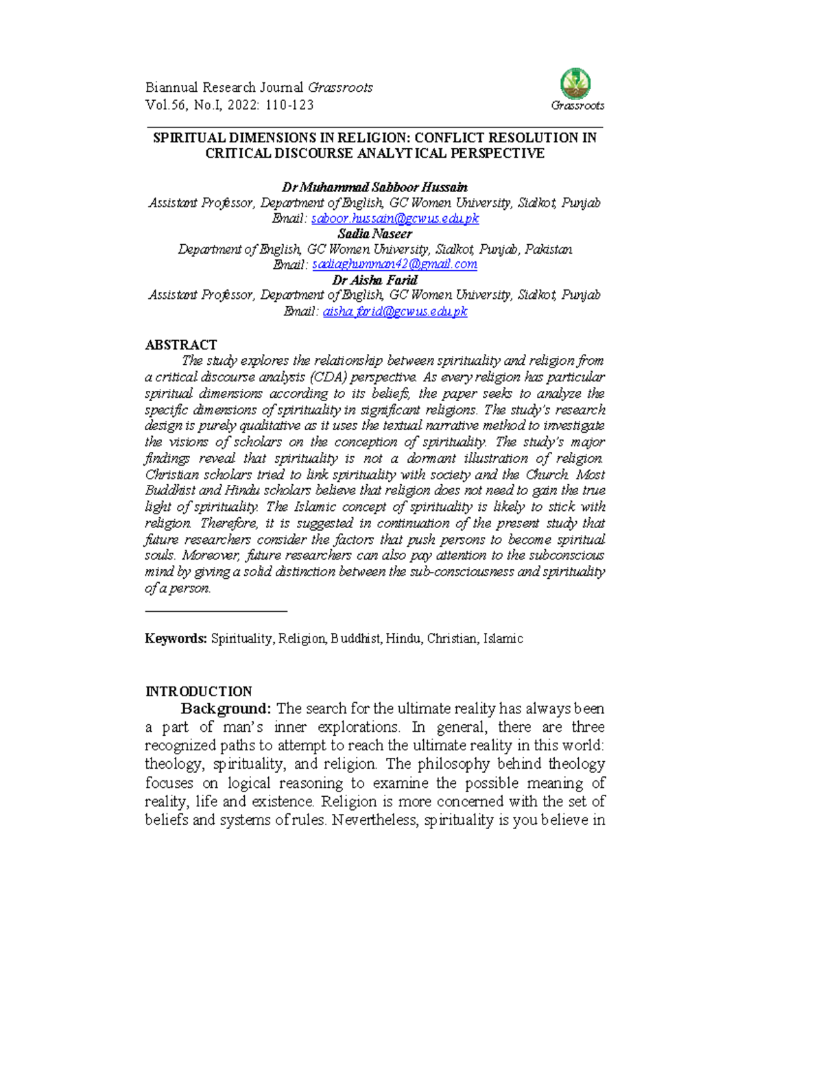 Spiritual Dimensions IN Religion Conflict - Biannual Research Journal ...