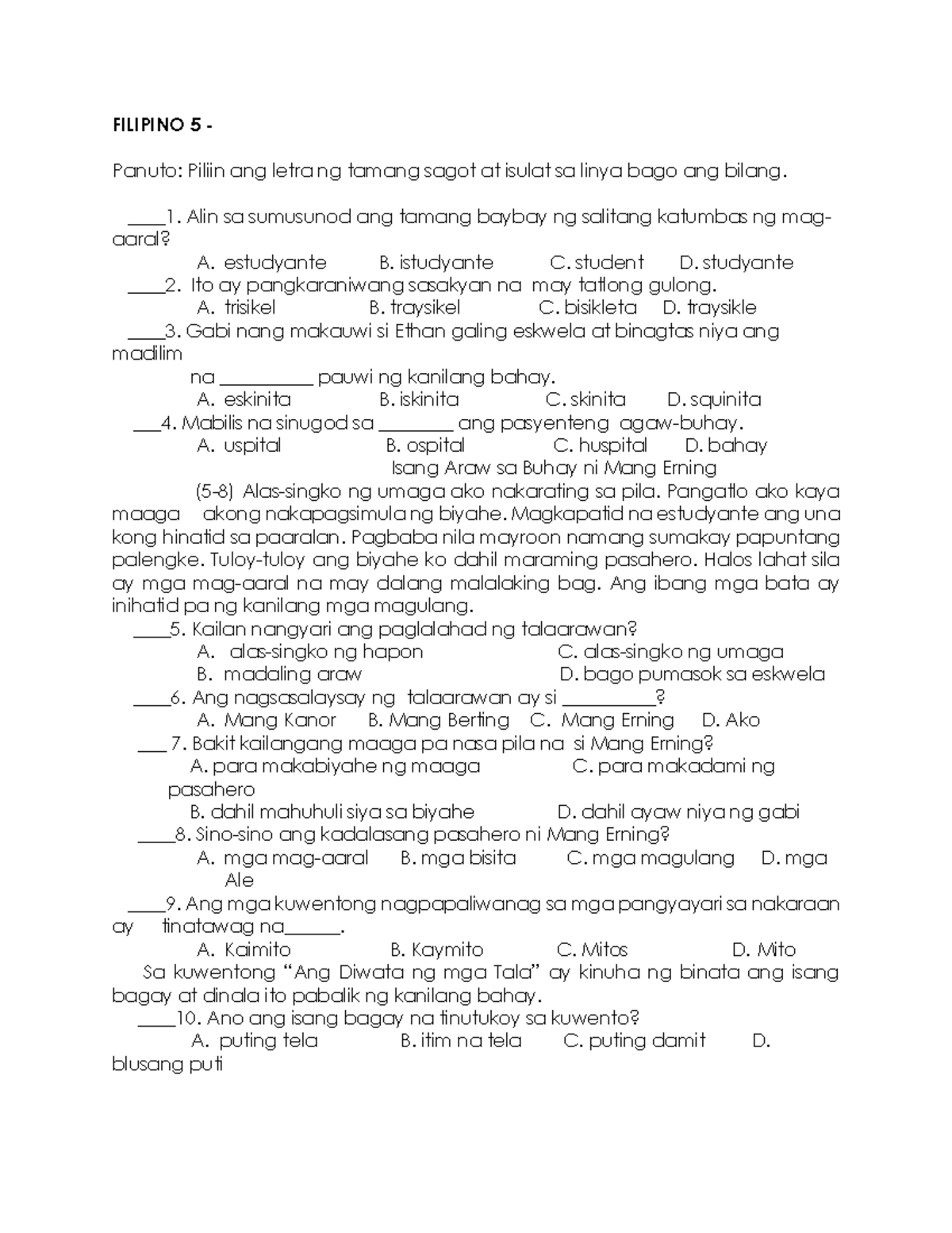 FIL PT5 - Periodical Exam - FILIPINO 5 - Panuto: Piliin ang letra ng ...