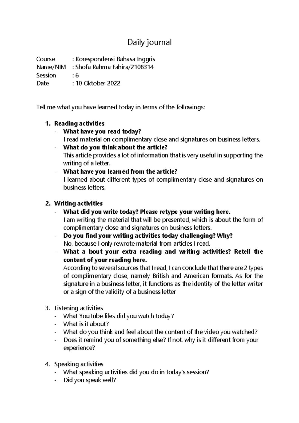 Daily journal at English Course to reflect student's understanding ...