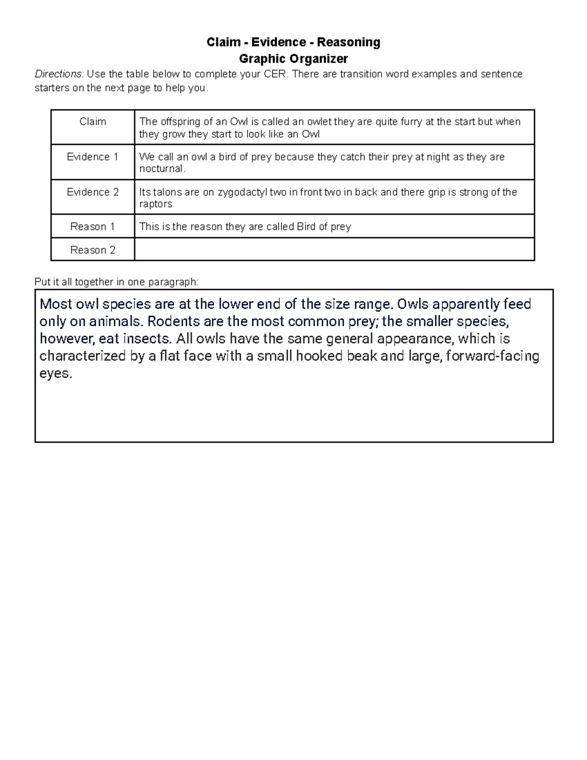 Copy of Copy of CER Graphic Organizer - Claim - Evidence - Reasoning ...