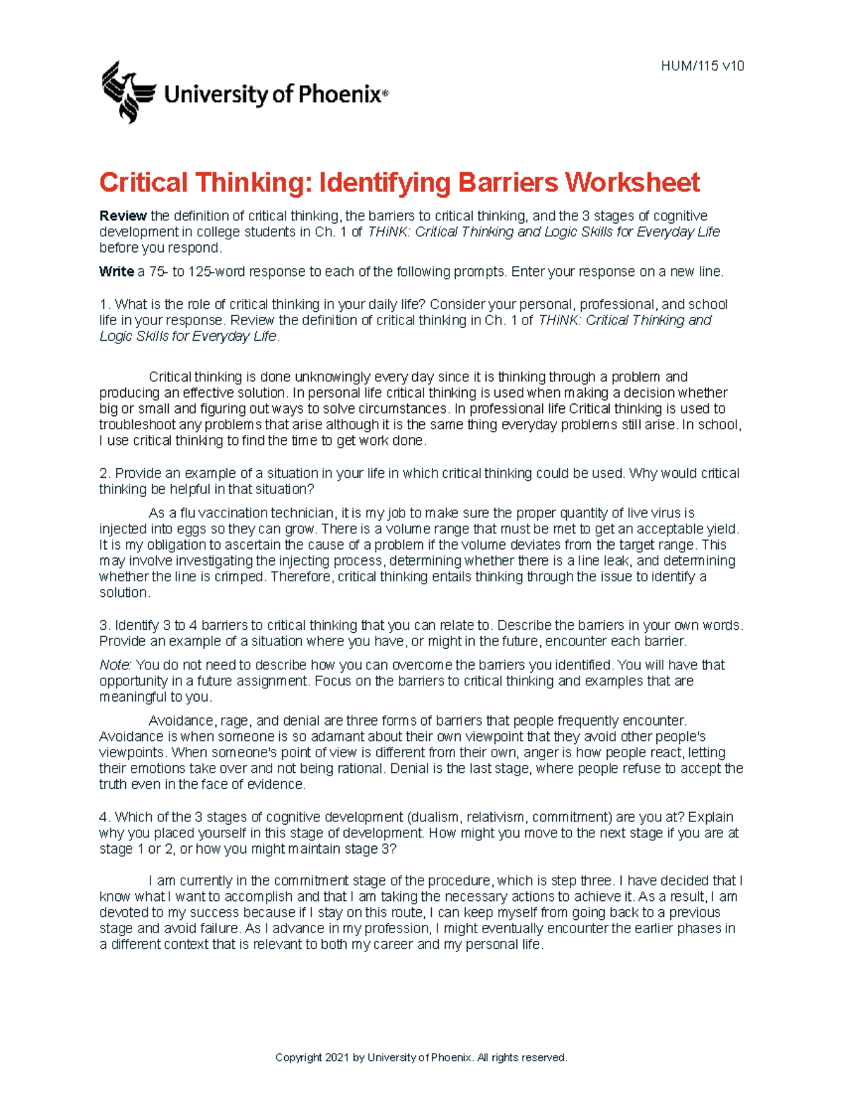 Hum115 v10 wk1 critical thinking identifying barriers worksheet - HUM ...