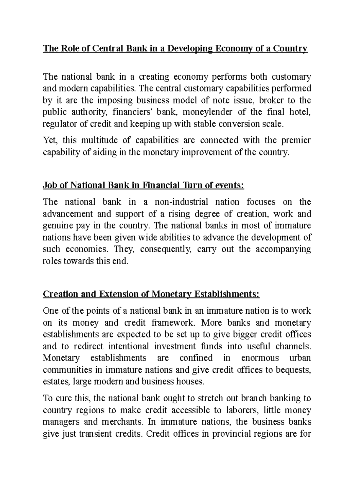 The Role of Central Bank in a Developing Economy of a Country - The ...