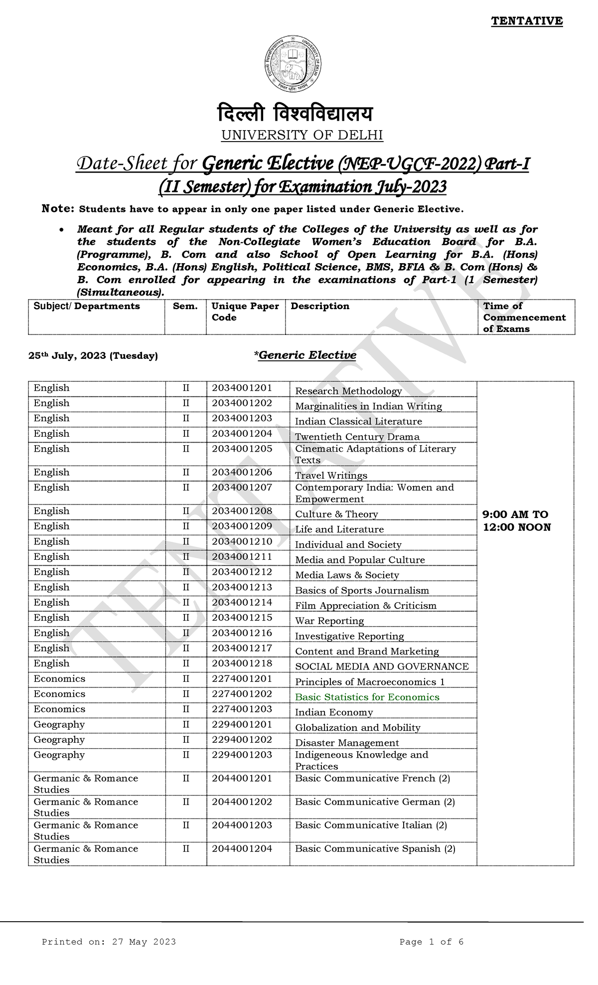2023-05-28-Tentative Datesheet-S2-Date-Sheet Generci Elective -23-Sem ...
