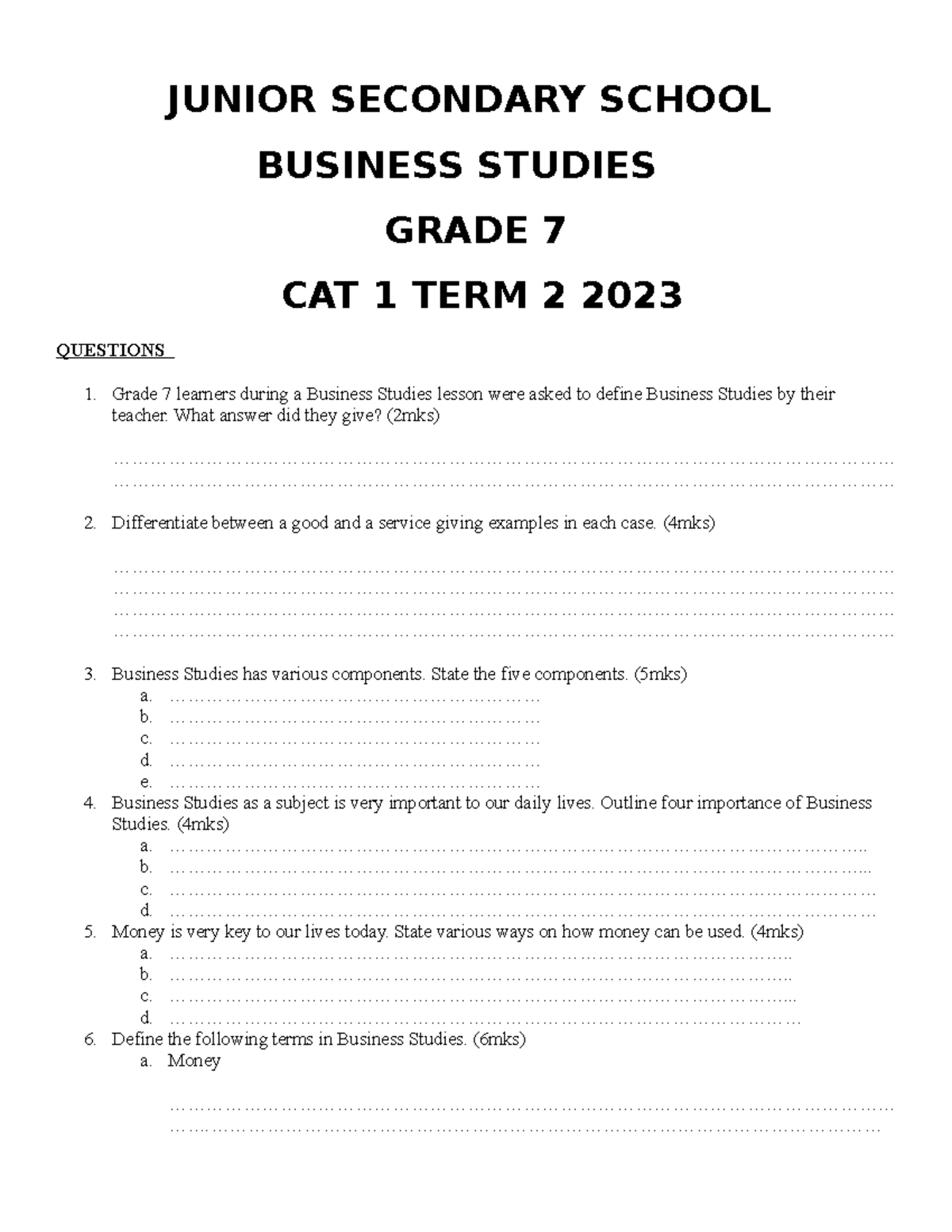 Business- Studies G7 QS - JUNIOR SECONDARY SCHOOL BUSINESS STUDIES ...