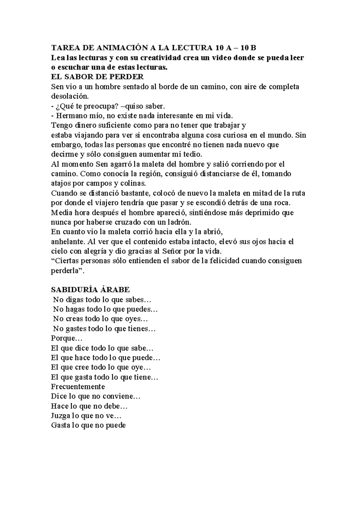 Tarea DE Animación A LA Lectura 10 A - TAREA DE ANIMACIÓN A LA LECTURA 10 A – 10 B Lea las ...