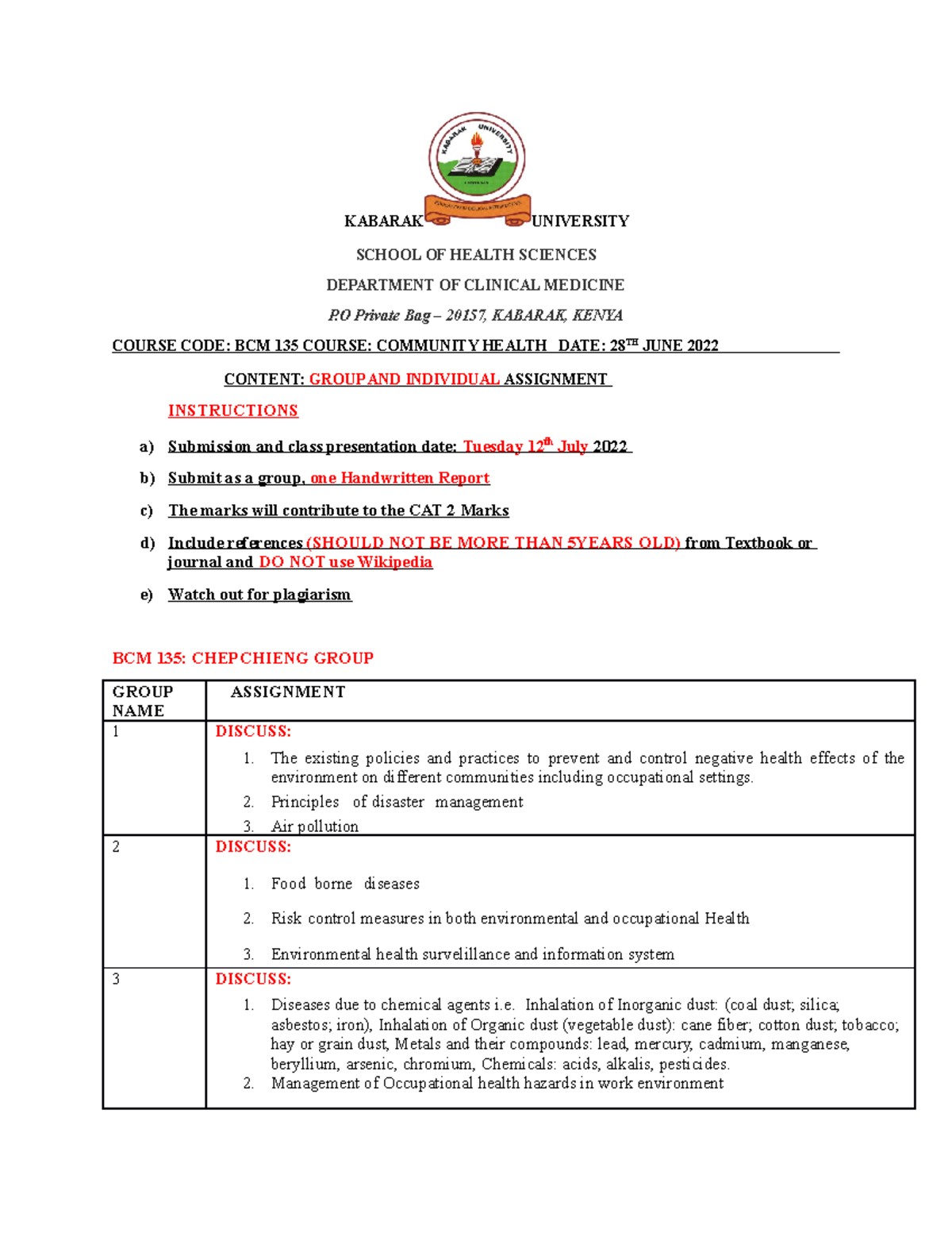 BCM 135 Community Health Group Assignment JUNE 2022 - KABARAK ...