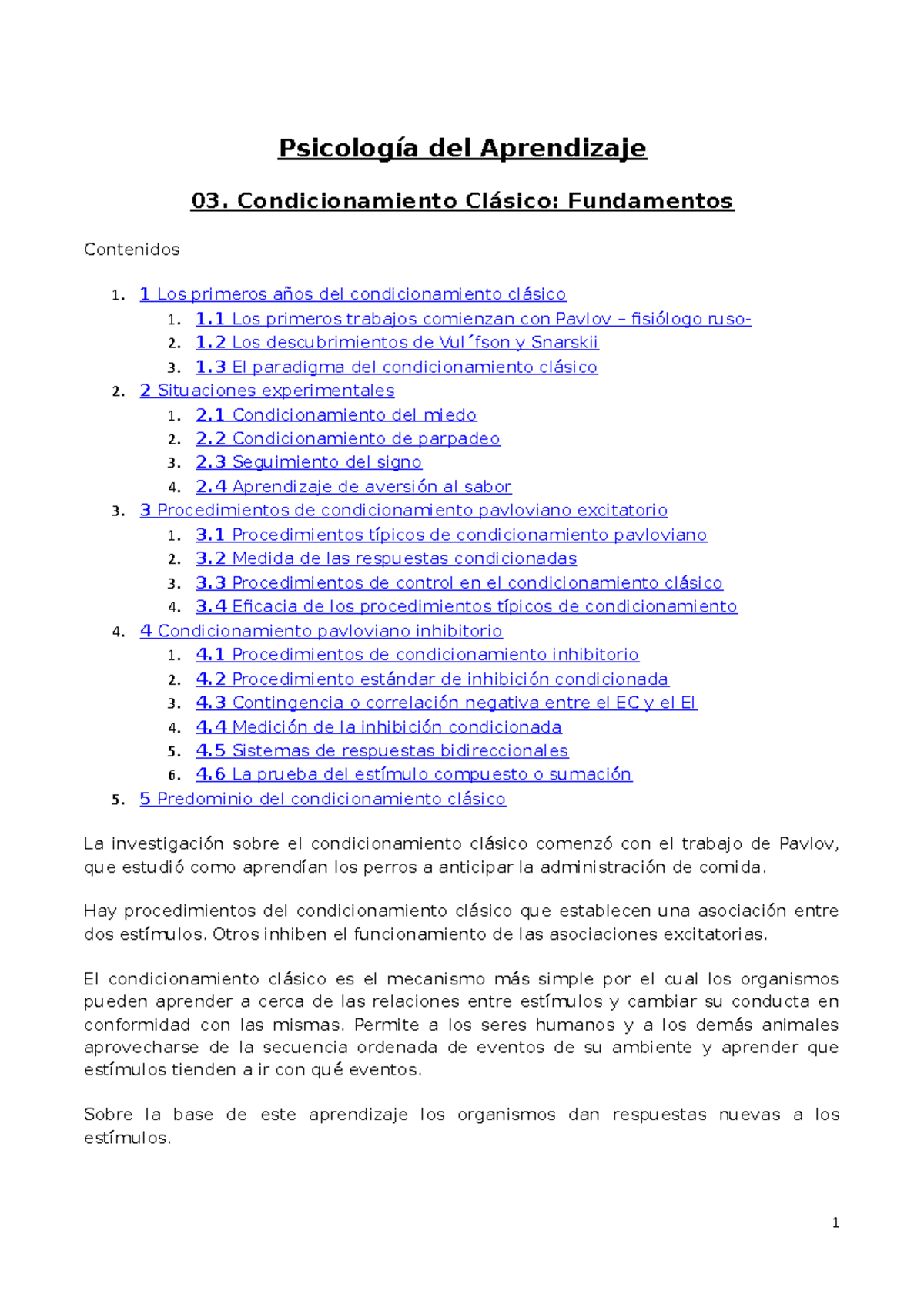 Psicología del Aprendizaje. t3 - Condicionamiento Clásico: Fundamentos ...