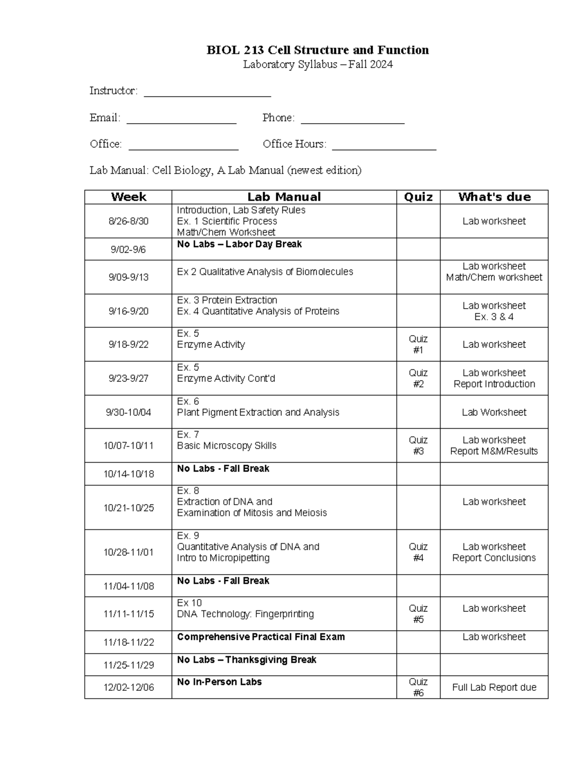 213 Lab Syllabus 2024F - Yes - BIOL 213 Cell Structure and Function Laboratory Syllabus – Fall ...