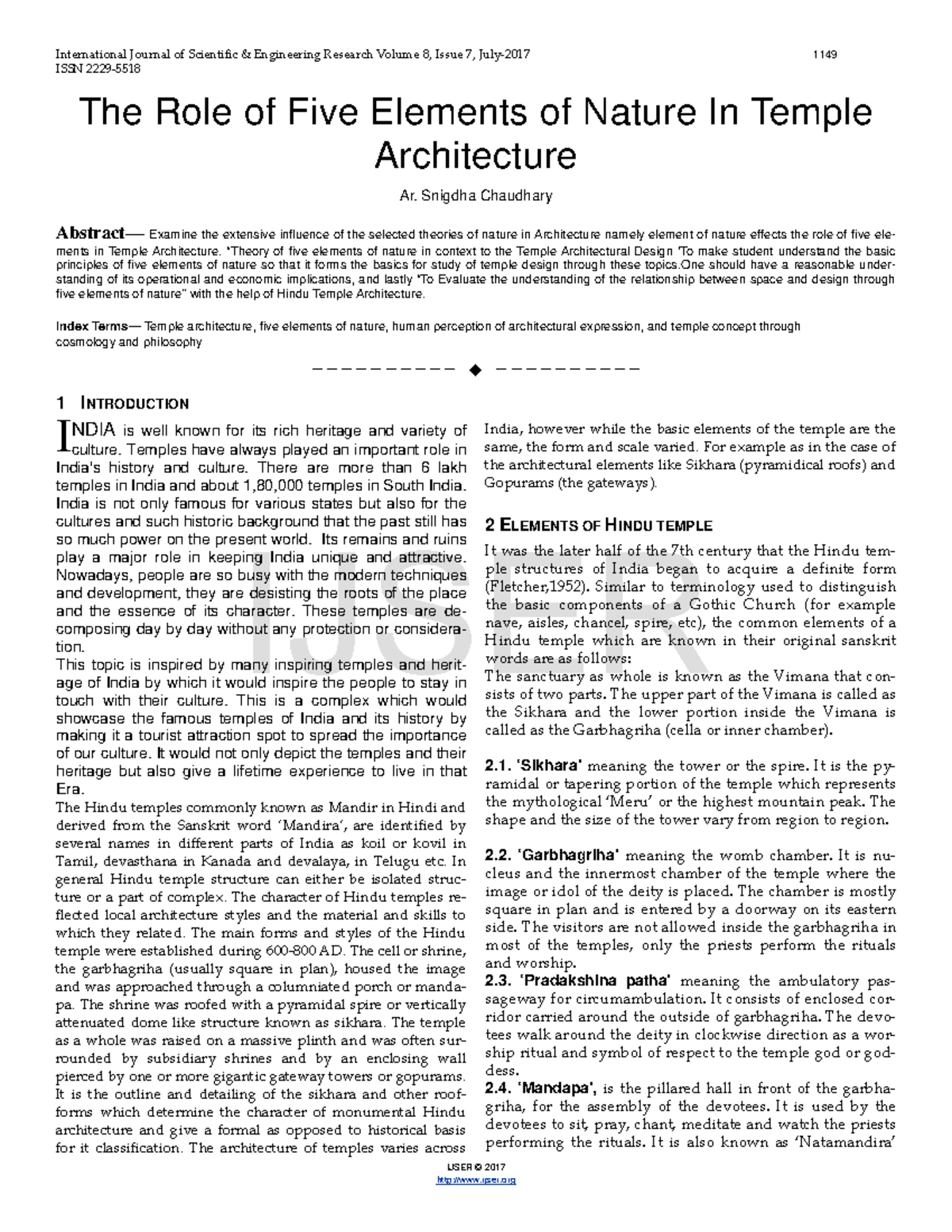 The Role of Five Elements of Nature In Temple Architecture - Snigdha Chaudhary Abstract— Examine ...