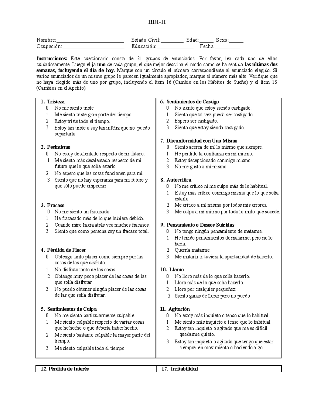 BDI-2 protocolo-y-baremos - BDI-II Nombre:________________________ Estado Civil:________ Edad ...