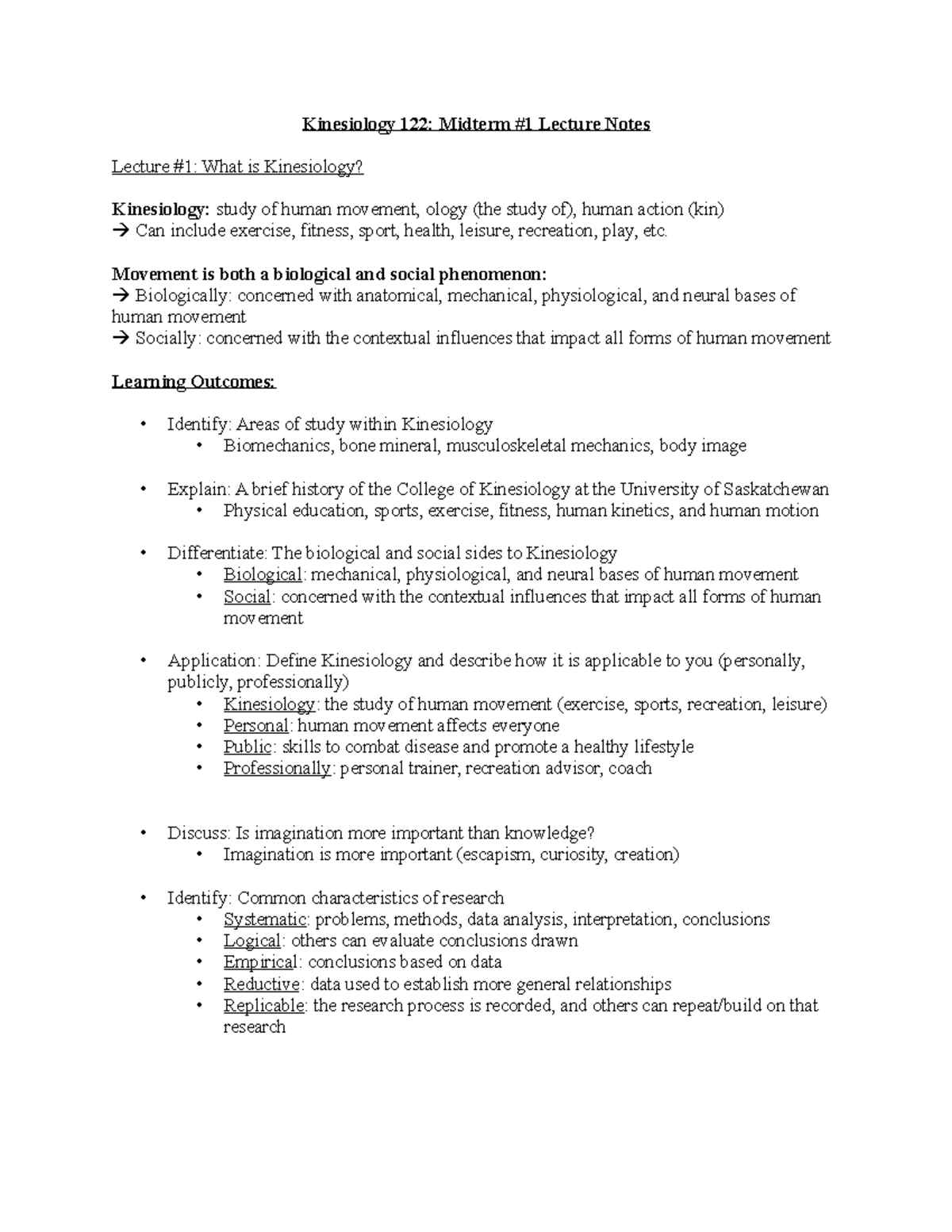 Kin 122 - Final Exam Notes - Kinesiology 122: Midterm #1 Lecture Notes ...