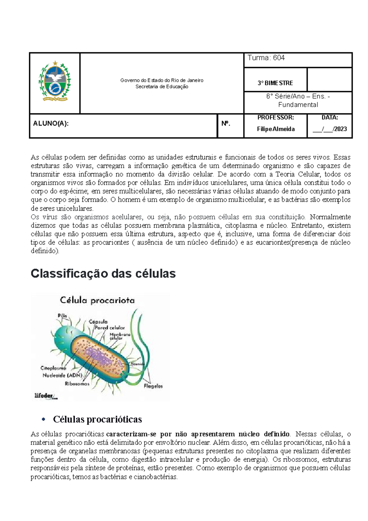 Atividades Sobre Células 5 Ano Com Gabarito - BINKEDU