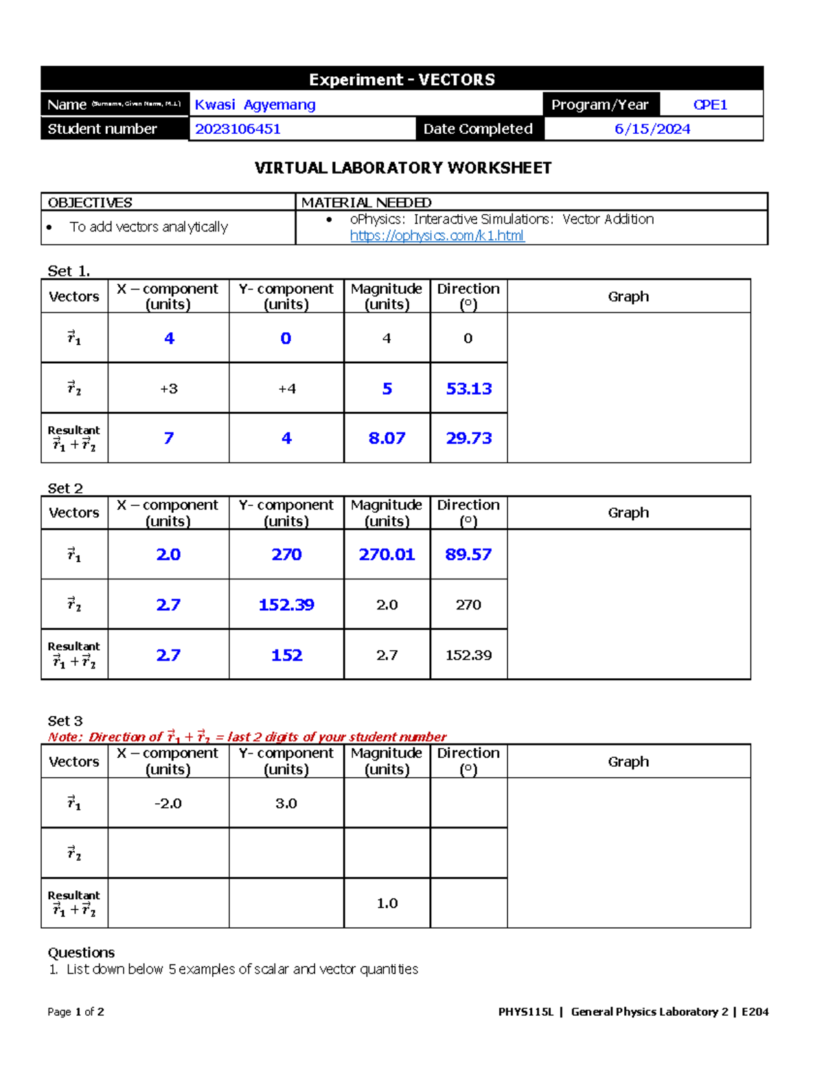 Experiment Vectors Worksheet - Page 1 of 2 PHYS115L | General Physics ...