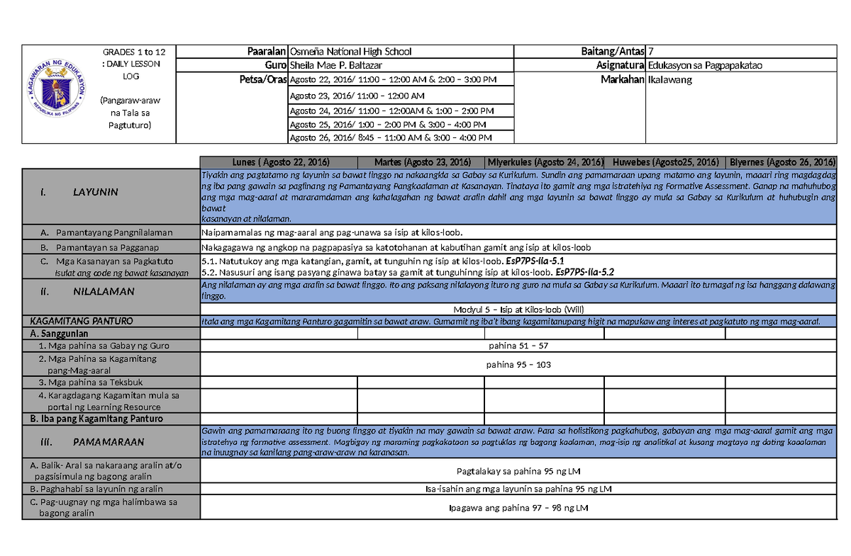 2nd quarter daily lesson log esp 7 - GRADES 1 to 12 : DAILY LESSON LOG (Pangaraw-araw na Tala sa ...