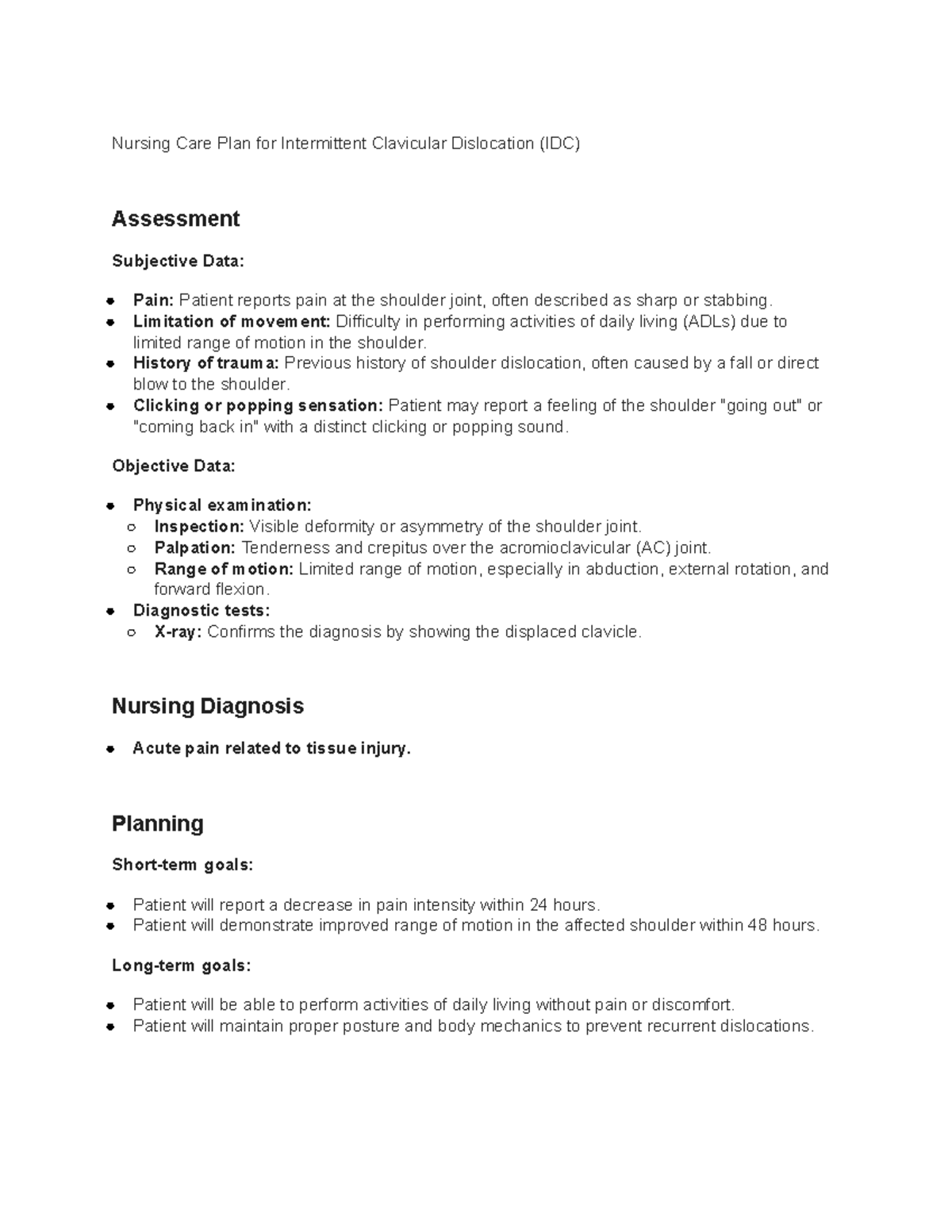IDC nursing care plan - Nursing Care Plan for Intermittent Clavicular ...