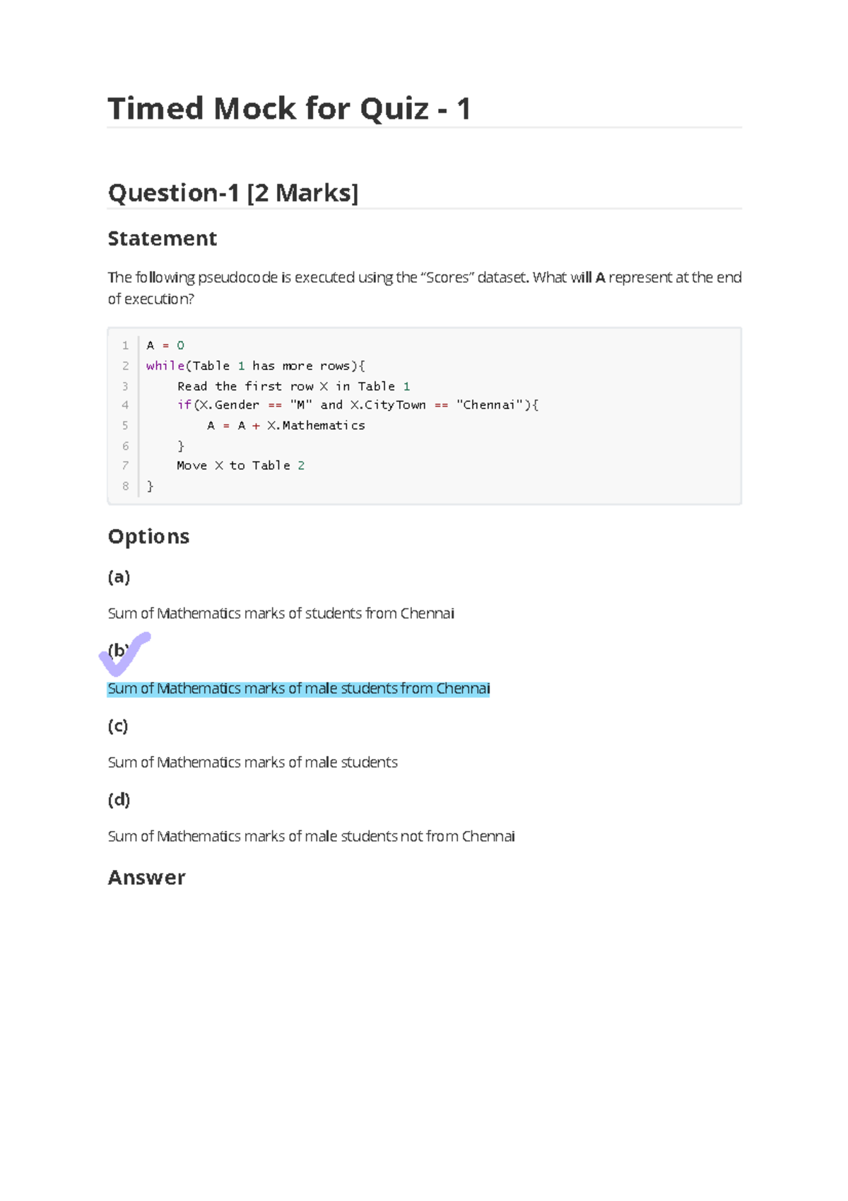 CT MOCK TEST 1 - MOCK TEST 1 CT - Timed Mock for Quiz - 1 Question-1 [2 ...