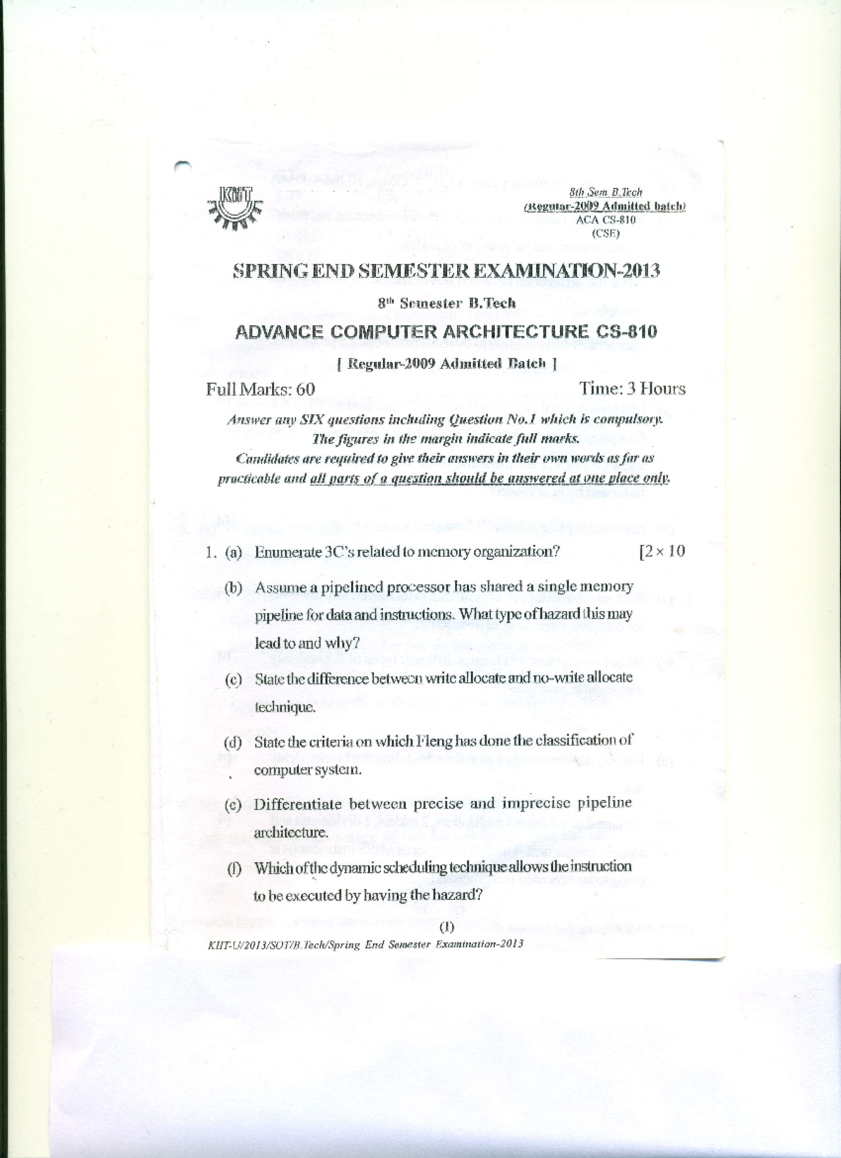 8th Semester -B.Tech-CS-Advanced Computer Architecture-[CS-810]-(Regular -2009 Admitted - Studocu