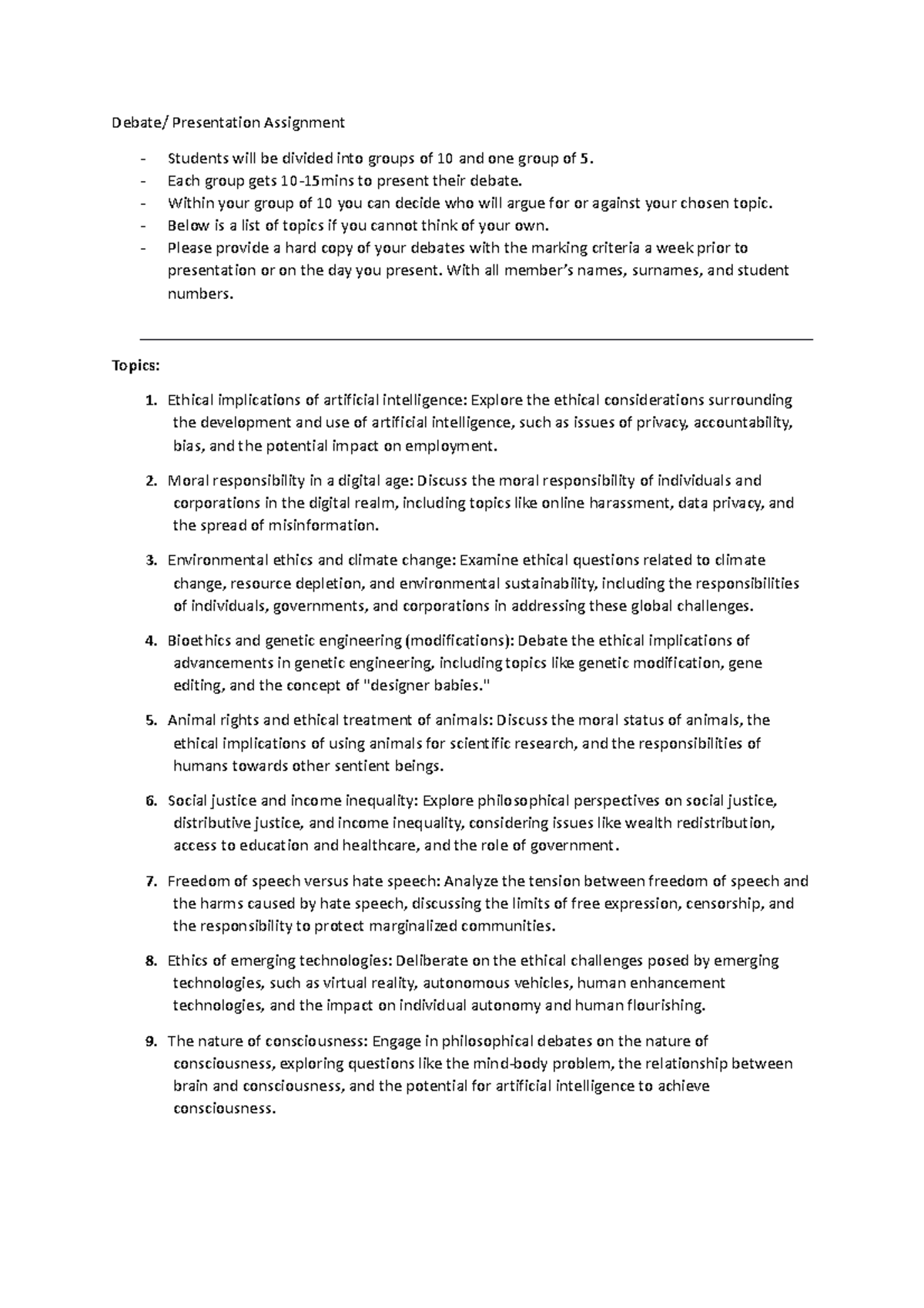 Debate Topics and Instructions - Debate/ Presentation Assignment ...