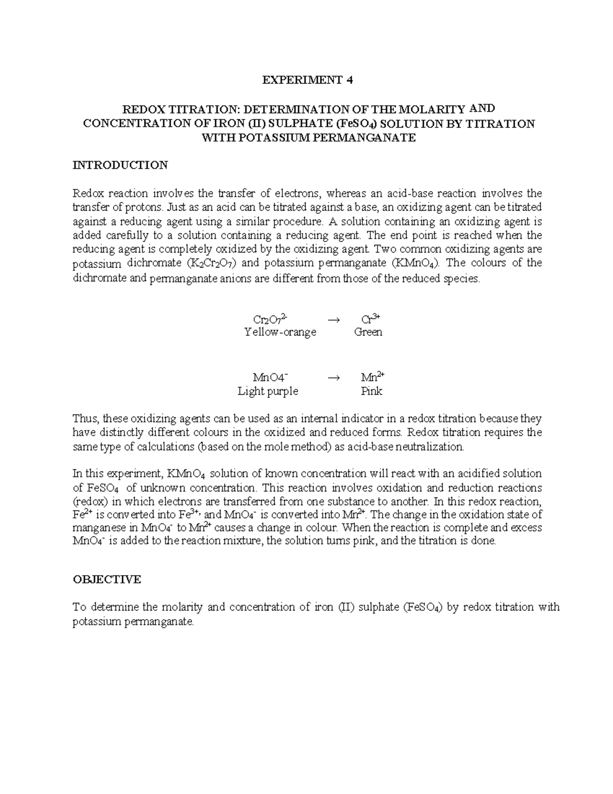 Manual for Redox Titration - EXPERIMENT 4 REDOX TITRATION ...