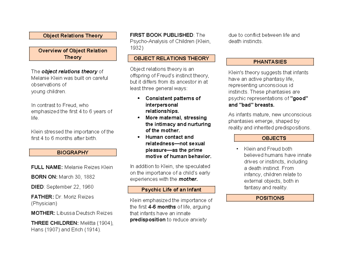 Melanie- Klein-Handout - Object Relations Theory Overview of Object ...