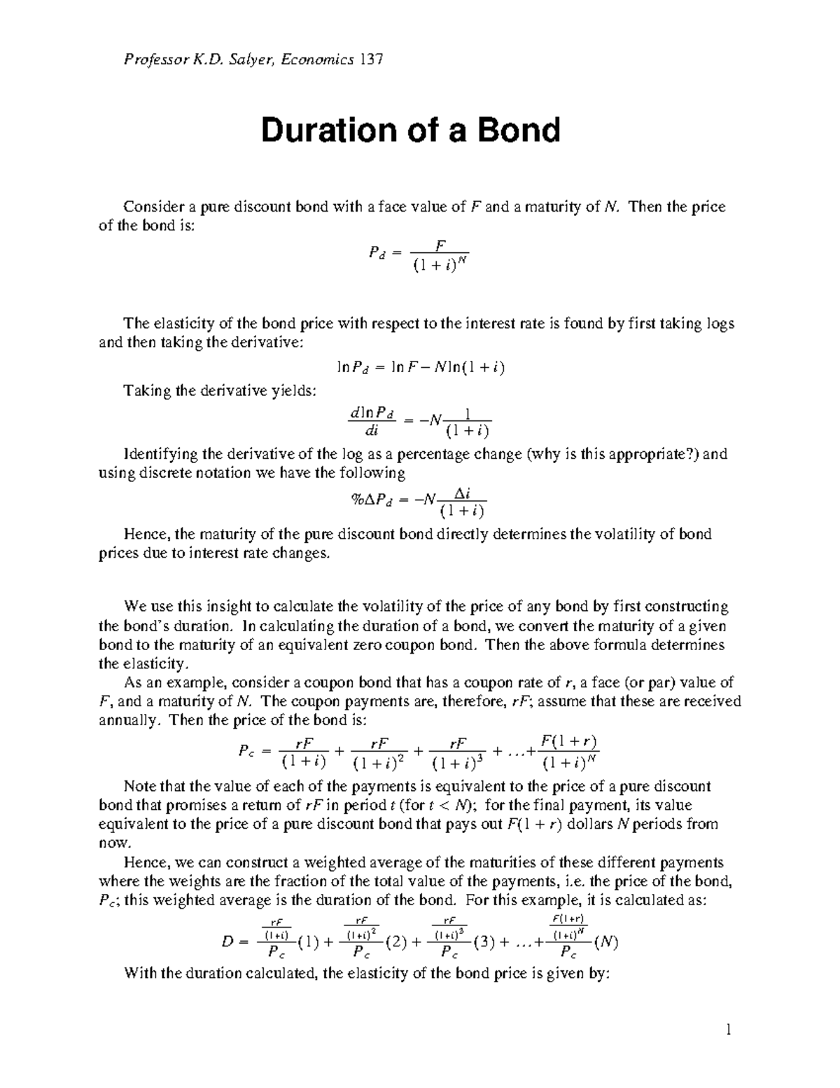 Duration of bonds - Professor K. Salyer, Economics 137 Duration of a ...