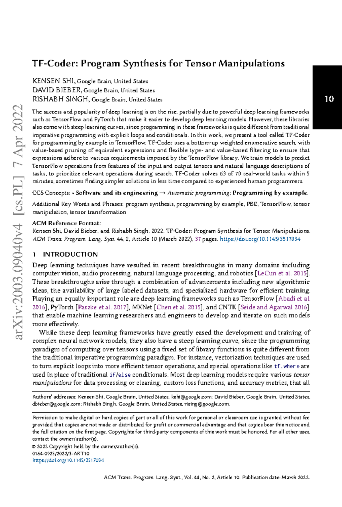 2003 - mobile - 10 TF-Coder: Program Synthesis for Tensor Manipulations KENSEN SHI, Google Brain ...