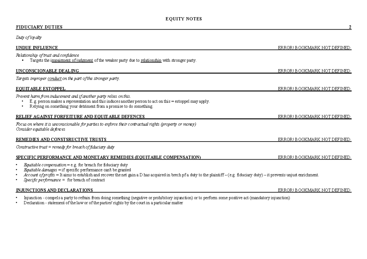Equity quick notes - EQUITY NOTES FIDUCIARY DUTIES 2 Duty of loyalty ...