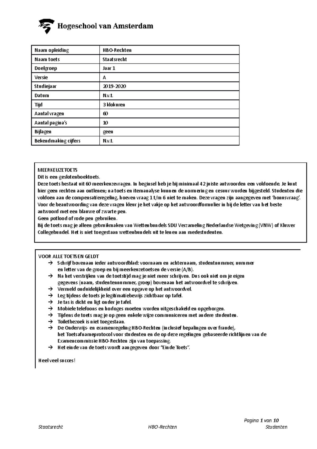 Proeftoets Staatsrecht met antwoorden voor Brightspace - HvA - Studeersnel