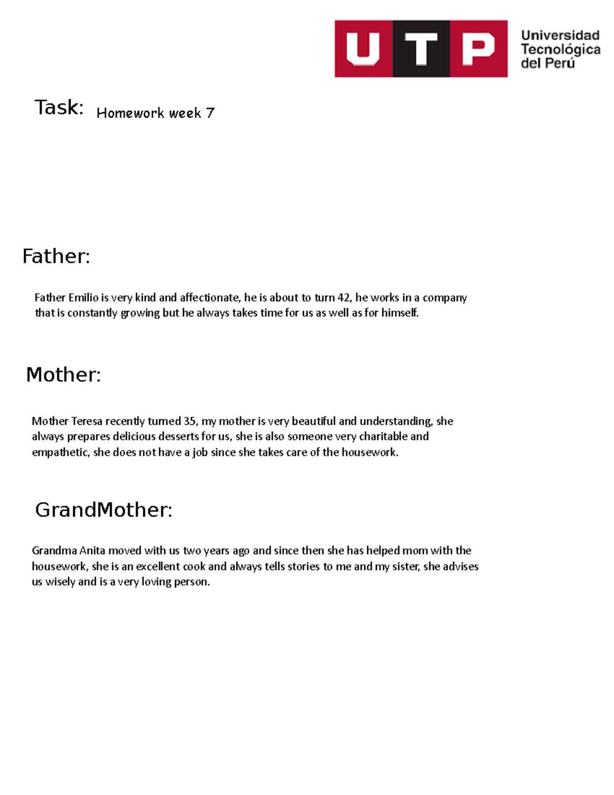 Sunday of Week 7 - tarea - Task: Homework week 7 Father: GrandMother ...