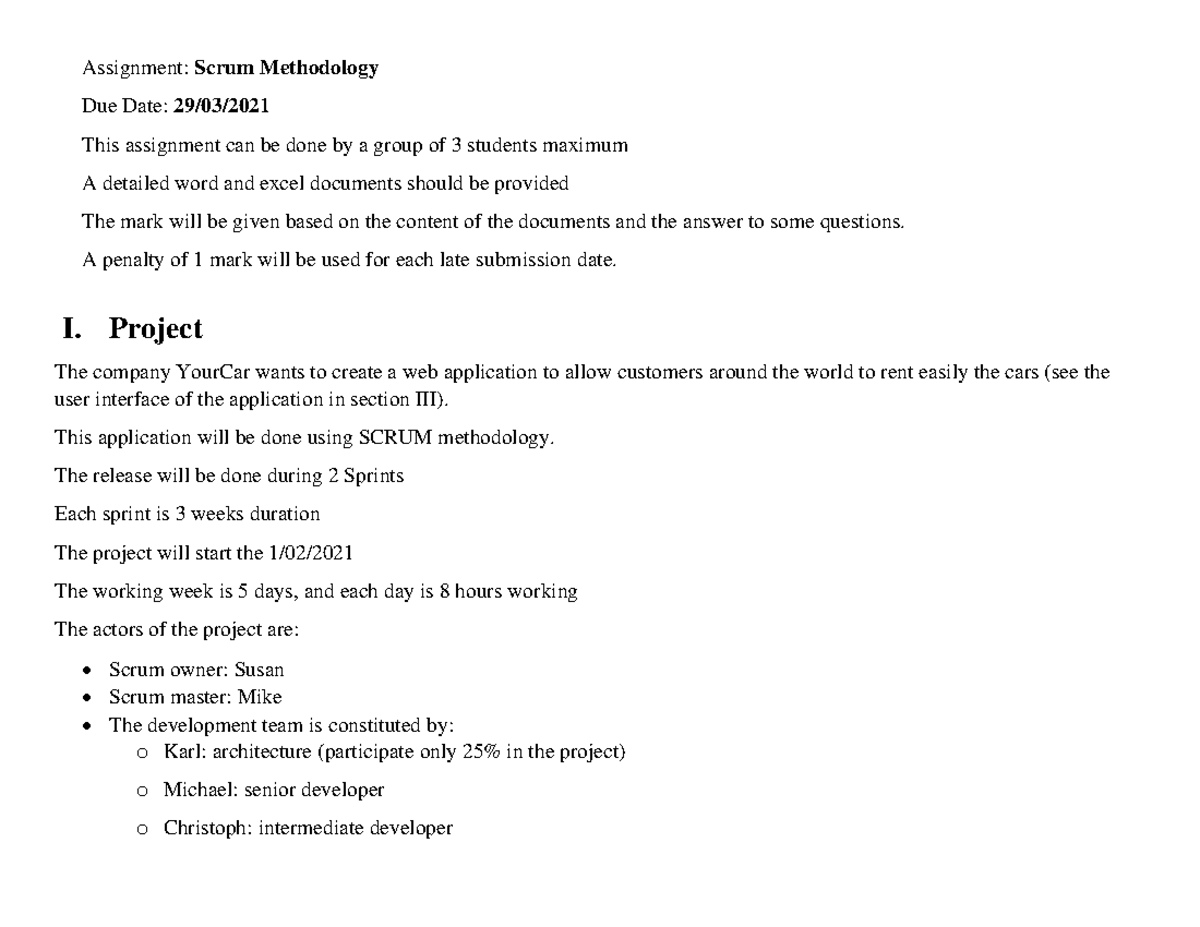 Car Renting Project - Lecture notes 1 - Assignment: Scrum Methodology ...