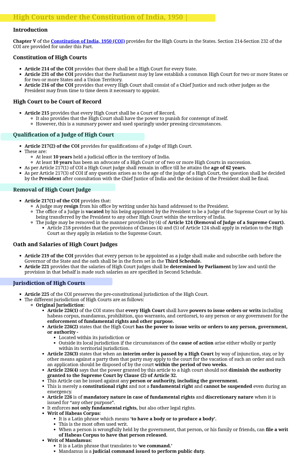 High court - High Courts under the Constitution of India, 1950 | 15 Jul ...