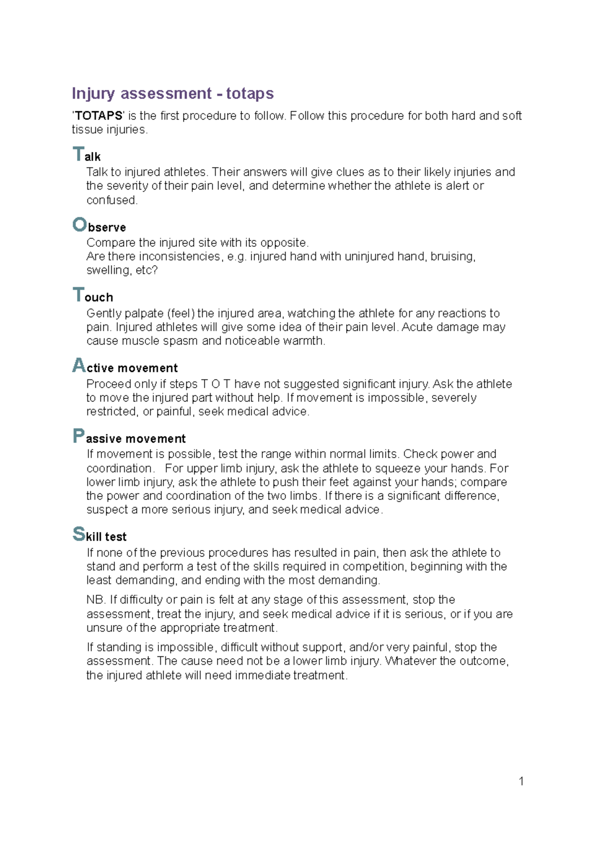 9d injuries assessment totaps - Injury assessment - totaps ‘TOTAPS’ is ...