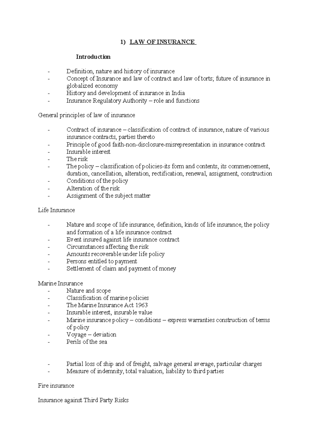 Syllabus - Elective subjects - Sem X 60-4 - 1) LAW OF INSURANCE ...