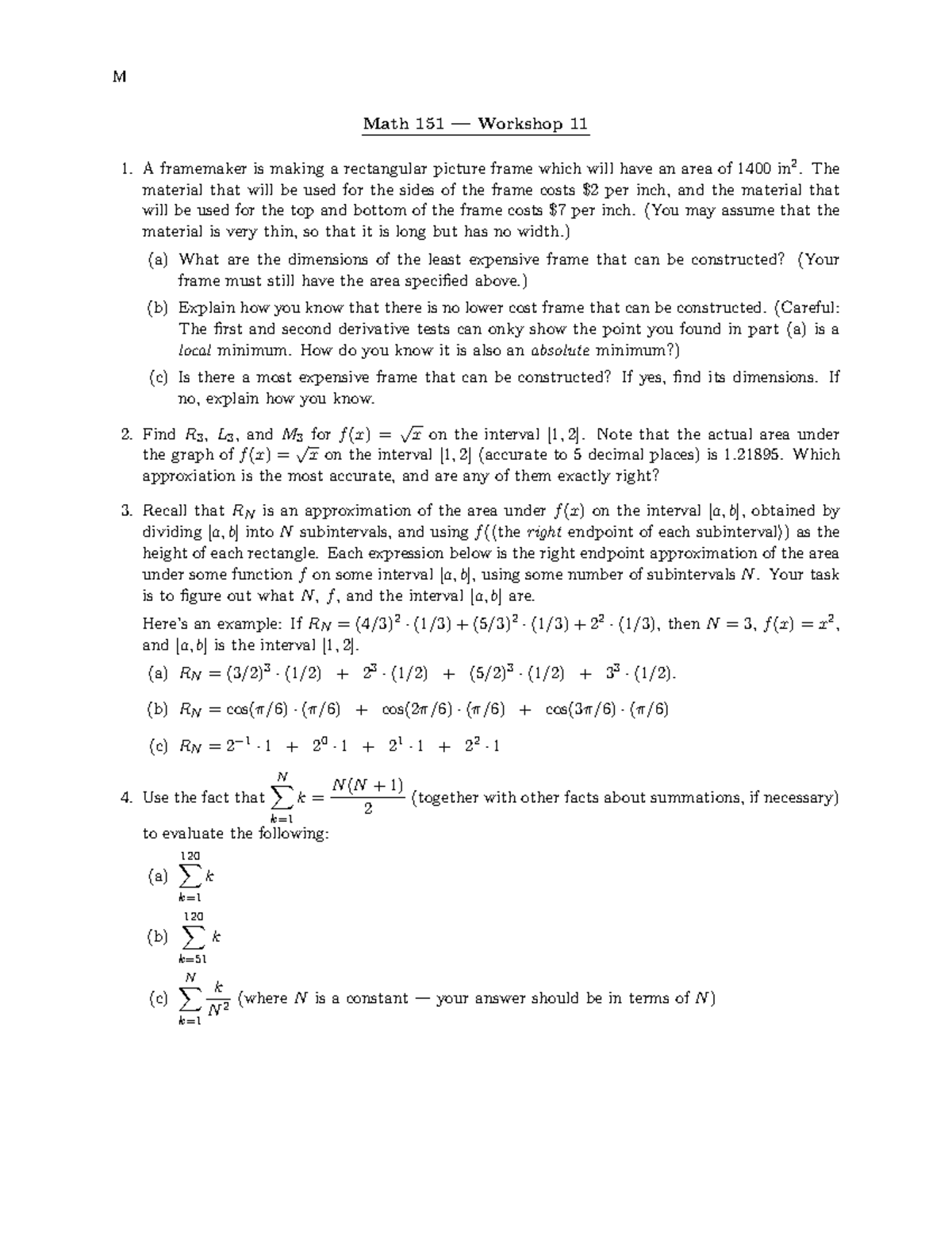Math 151 Workshop 11 (M) - M Math 151 — Workshop 11 A framemaker is ...