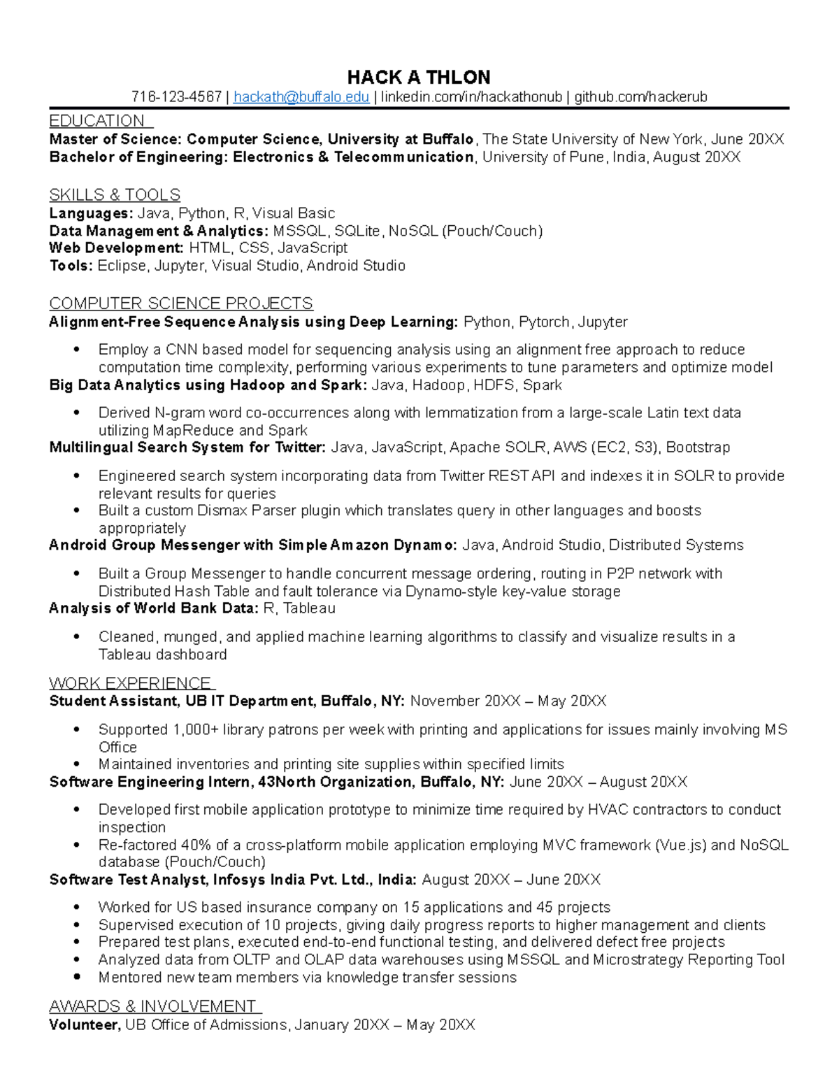 Resume sample computer science masters - HACK A THLON 716-123-4567 ...