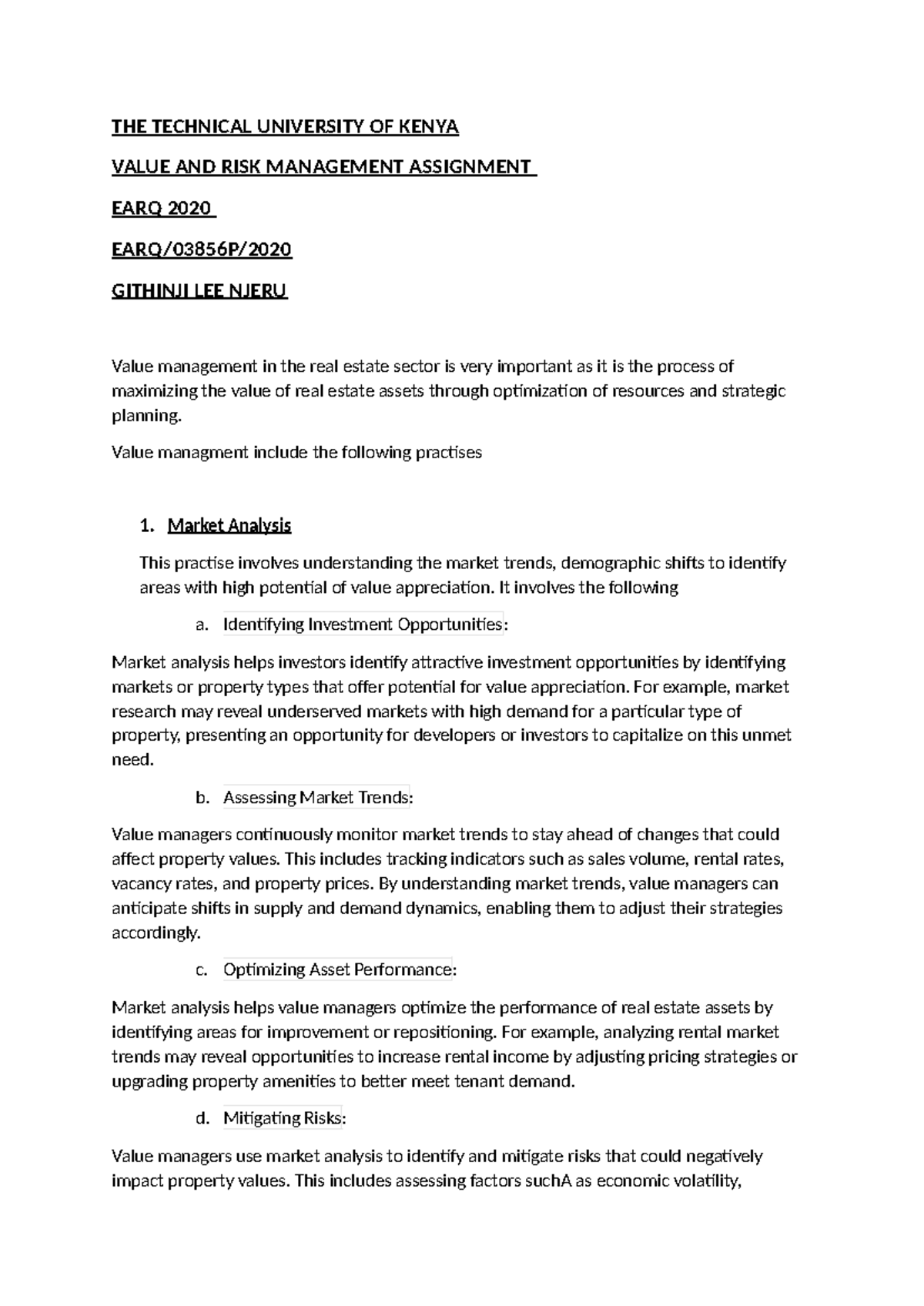 Value management - THE TECHNICAL UNIVERSITY OF KENYA VALUE AND RISK ...