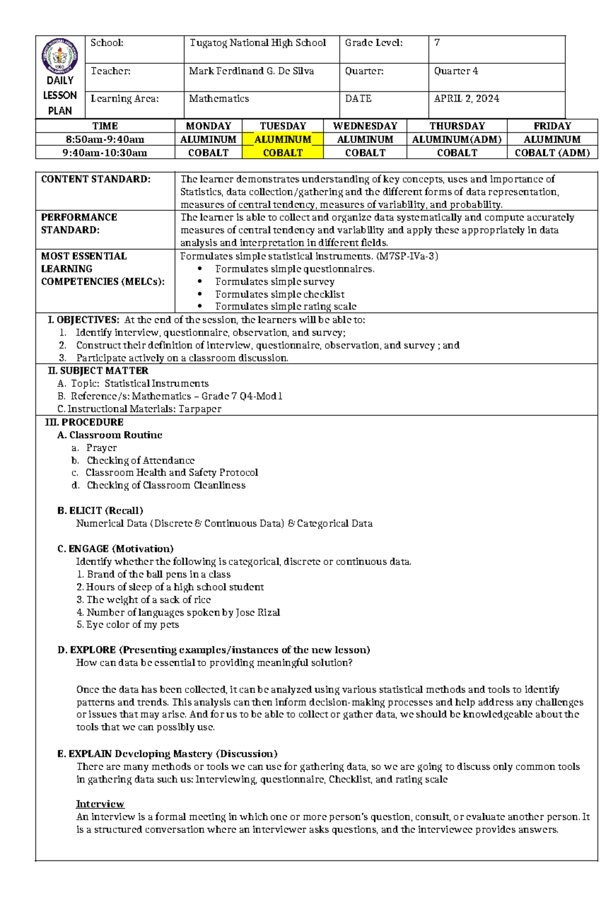 Grade 7 De Silva Lesson plan 2 - DAILY LESSON PLAN School: Tugatog ...