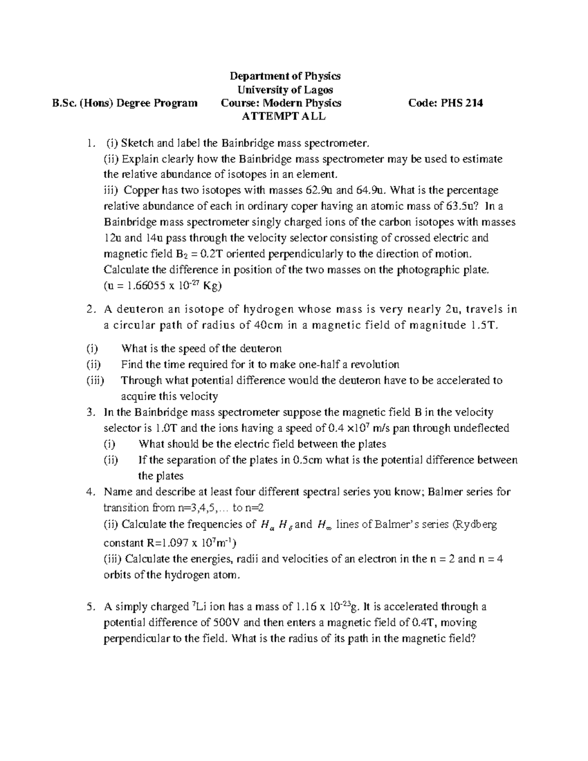 TRY ALL PHS 214 - Department of Physics University of Lagos B. (Hons) Degree Program Course ...