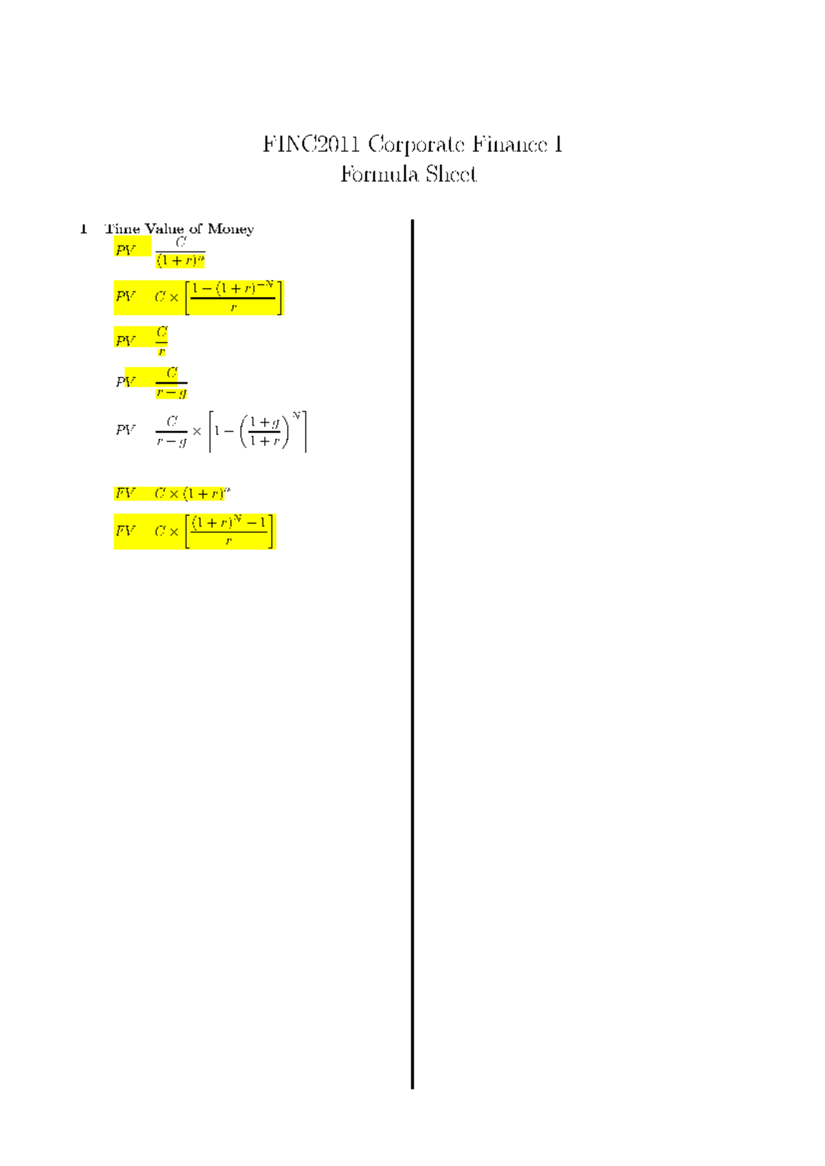 Formula Sheet (Updated Lecture 2) - FINC2011 - FINC 2011 Corporate ...