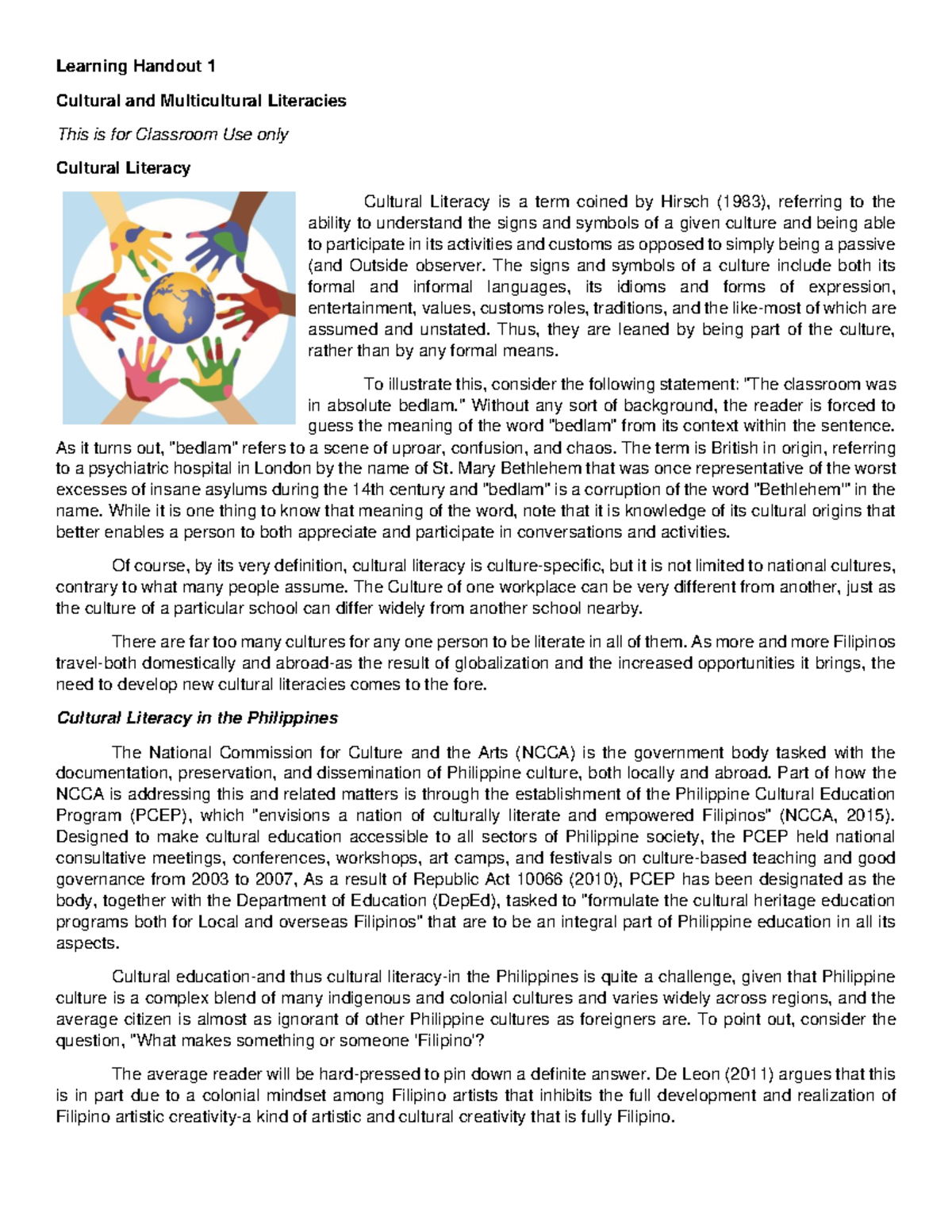 LH 1 - Cultural and Multicultural Literacy - Learning Handout 1 ...
