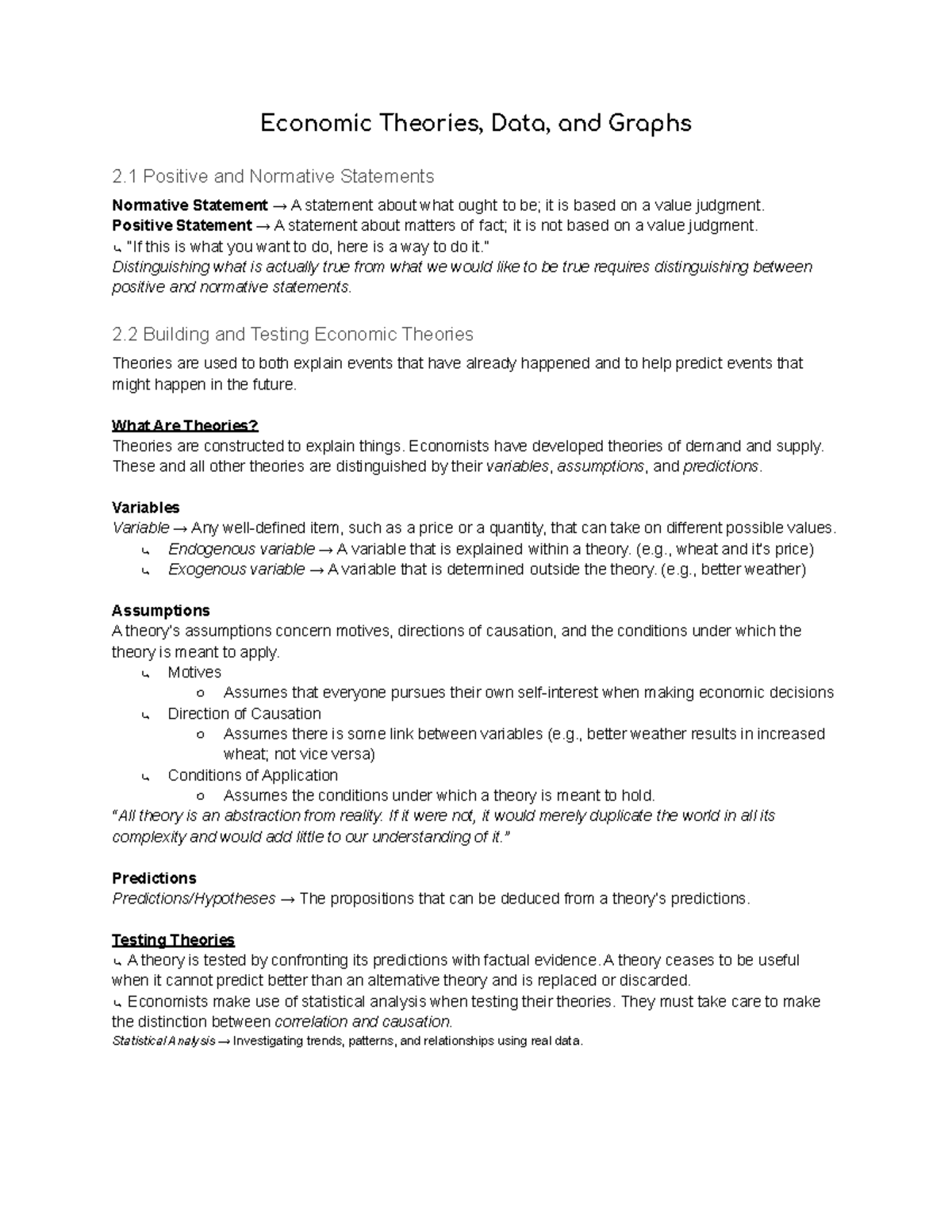 EC 120 Chapter 2 Notes - Economic Theories, Data, and Graphs 2 Positive ...