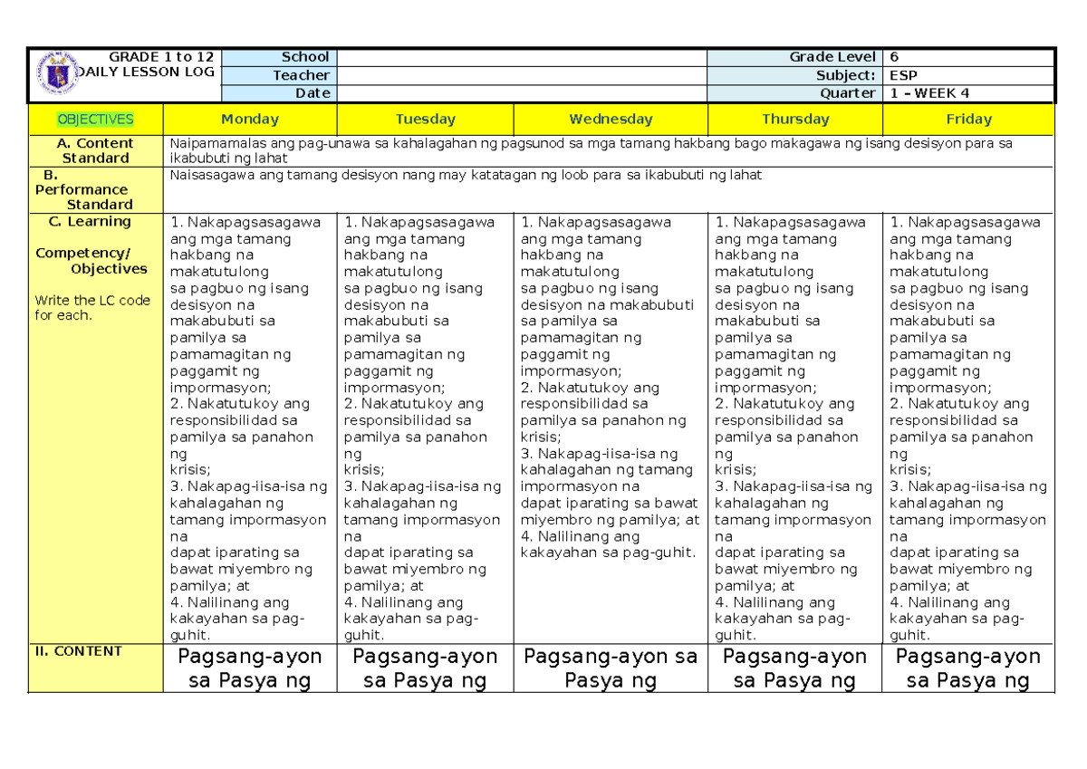 WEEK4-DLL-ESP - swqs - GRADE 1 to 12 DAILY LESSON LOG School Grade ...