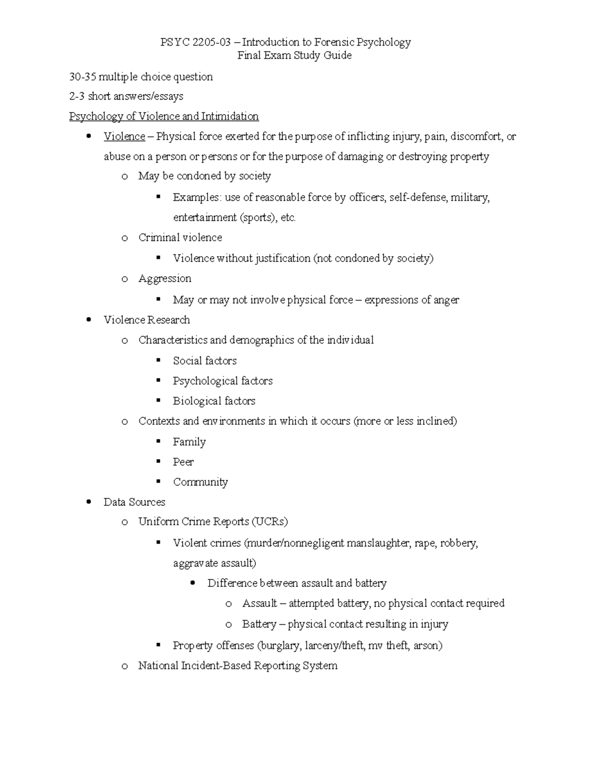 Final Exam Study Guide - PSYC 2205-03 – Introduction to Forensic ...
