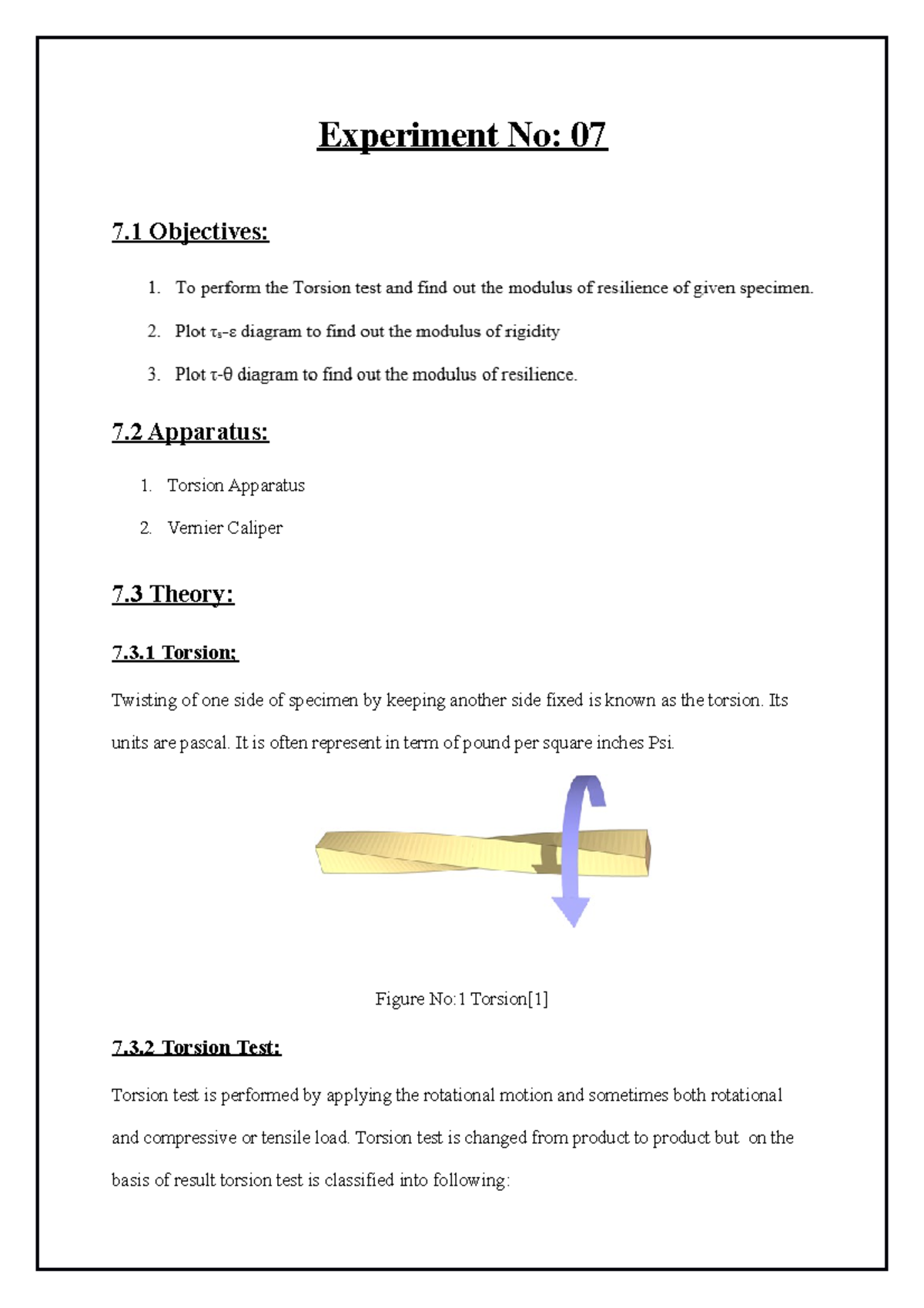 To perform torsion test and to find out the modulus of resilience of ...